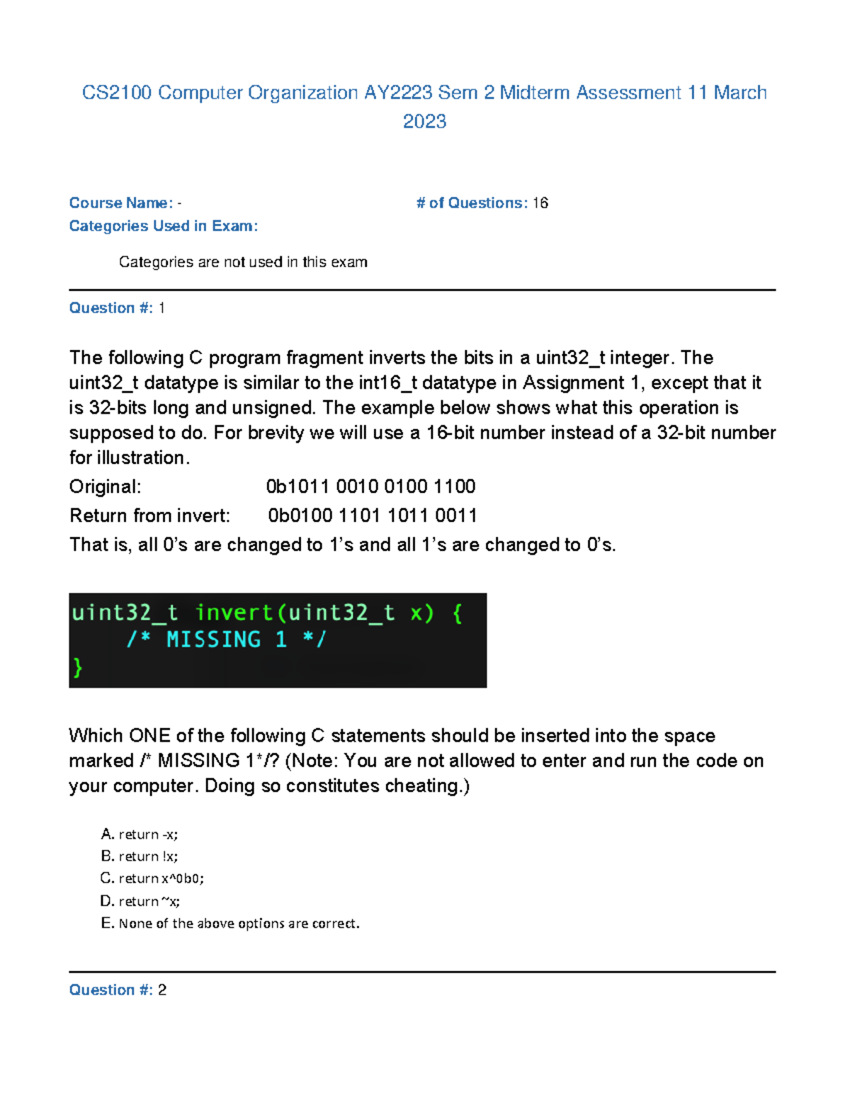 2223SEM2-CS2100 - nil - CS2100 Computer Organization AY2223 Sem 2 Midterm Assessment 11 March ...