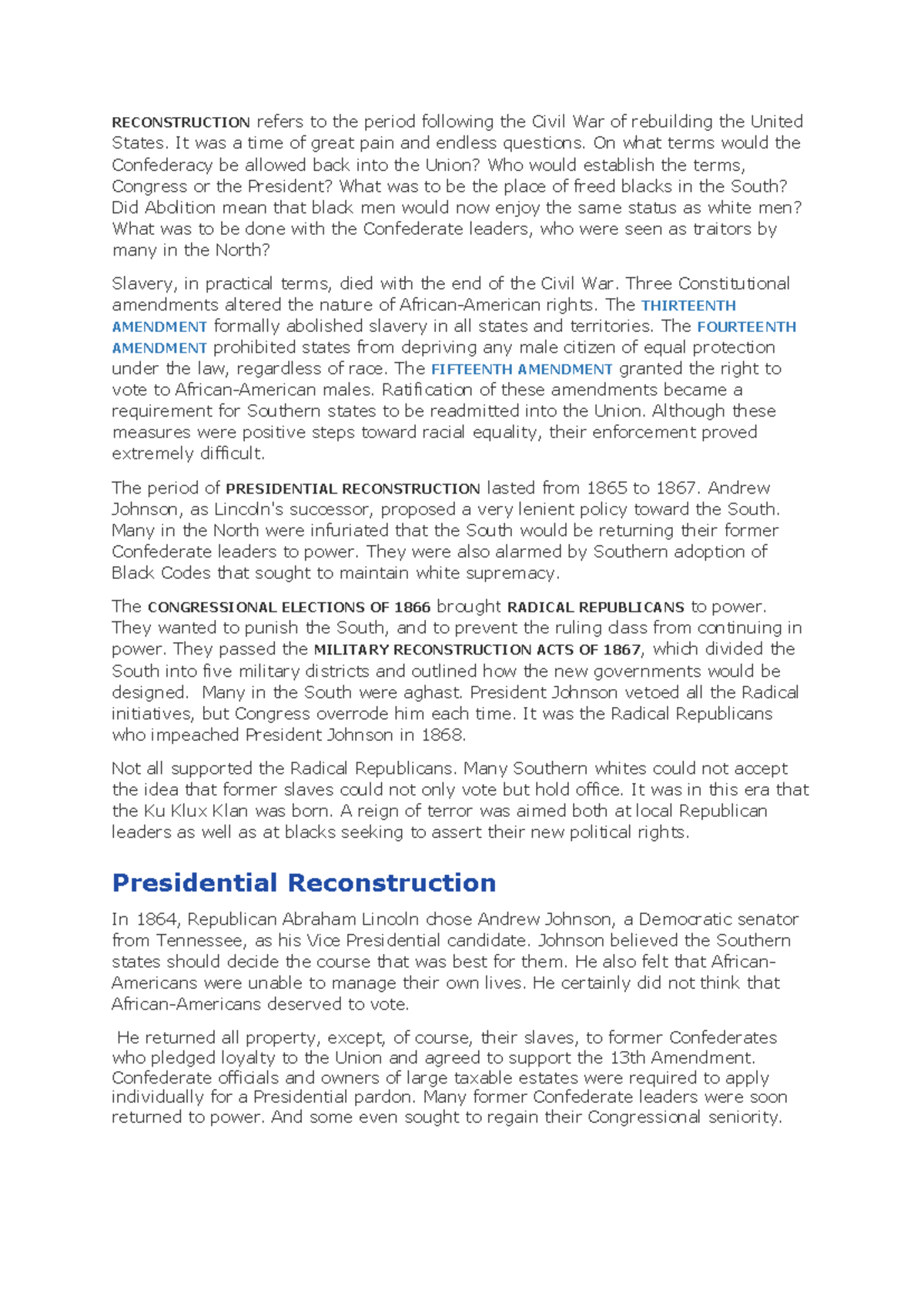 Radical Reconstruction of USA - RECONSTRUCTION refers to the period ...