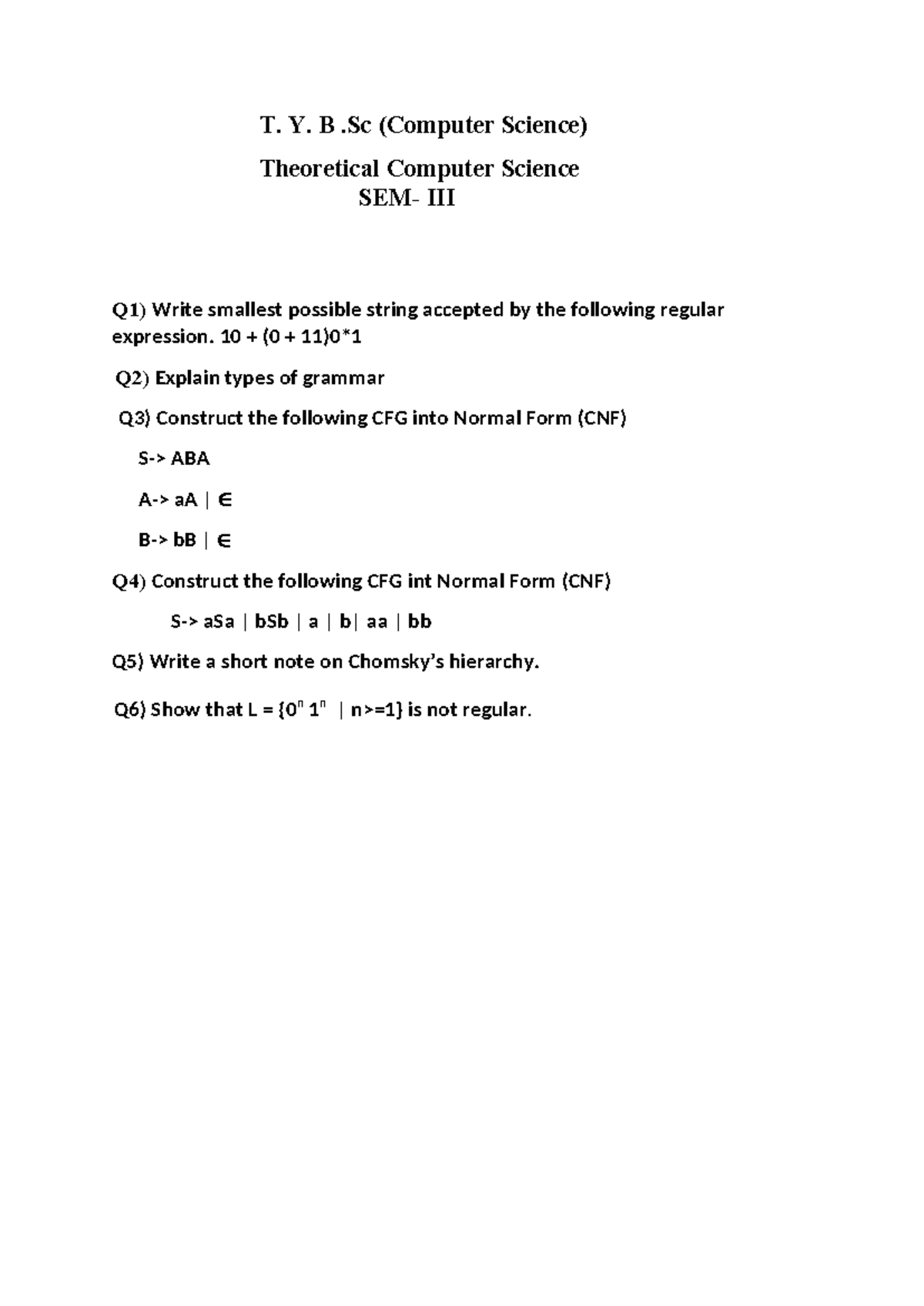 Theoretical Computer Science T Y B Sc Computer Science