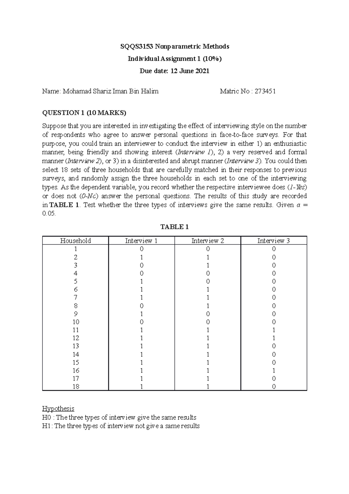 Individual Assignment 1(Mohamad Shariz Iman Bin Halim)(273451) - SQQS3153 Nonparametric Methods ...