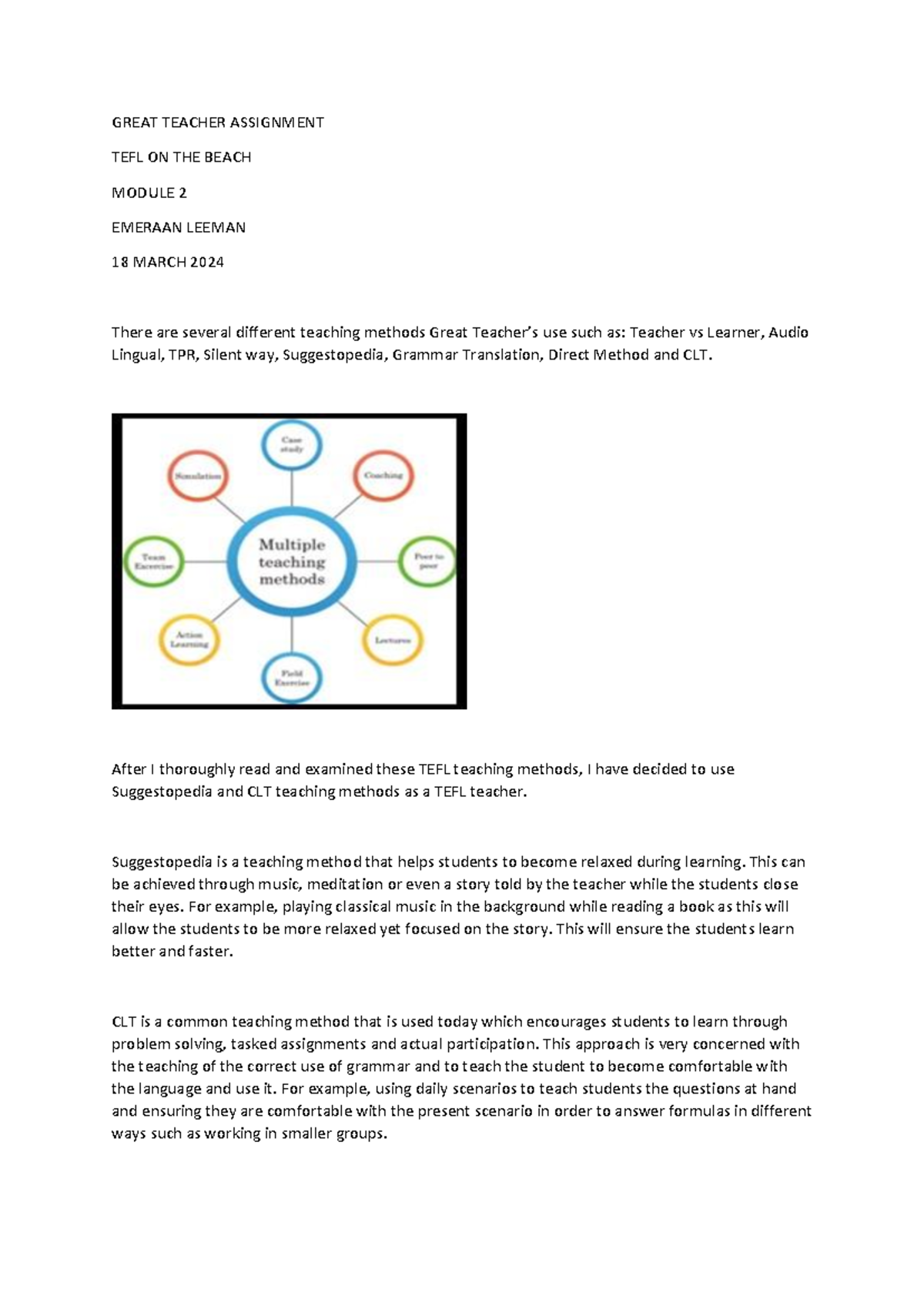 Great Teacher Assignment 1 - GREAT TEACHER ASSIGNMENT TEFL ON THE BEACH MODULE 2 EMERAAN LEEMAN ...