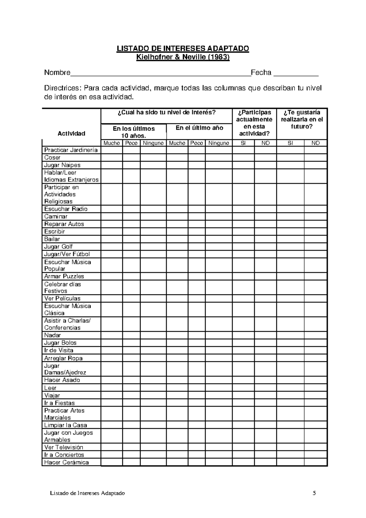 Listado de Intereses - LISTADO DE INTERESES ADAPTADO Kielhofner ...