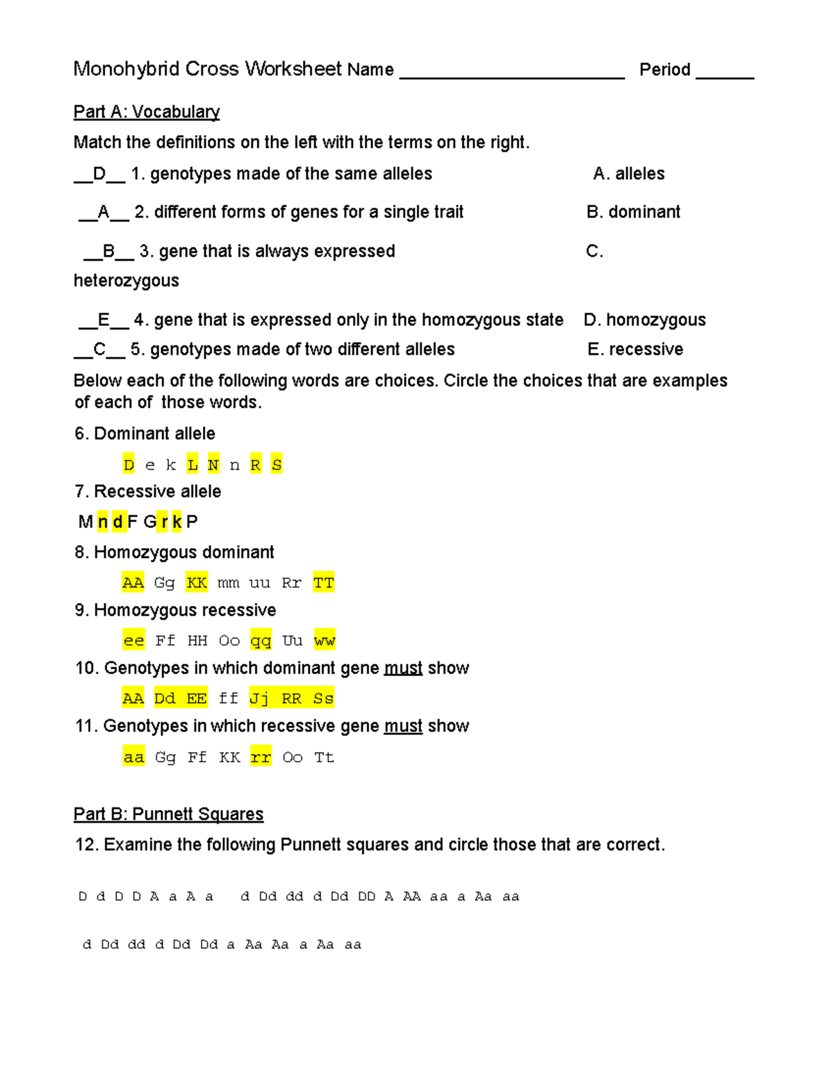 Worksheet Monohybrid Cross - Monohybrid Cross Worksheet Name ...
