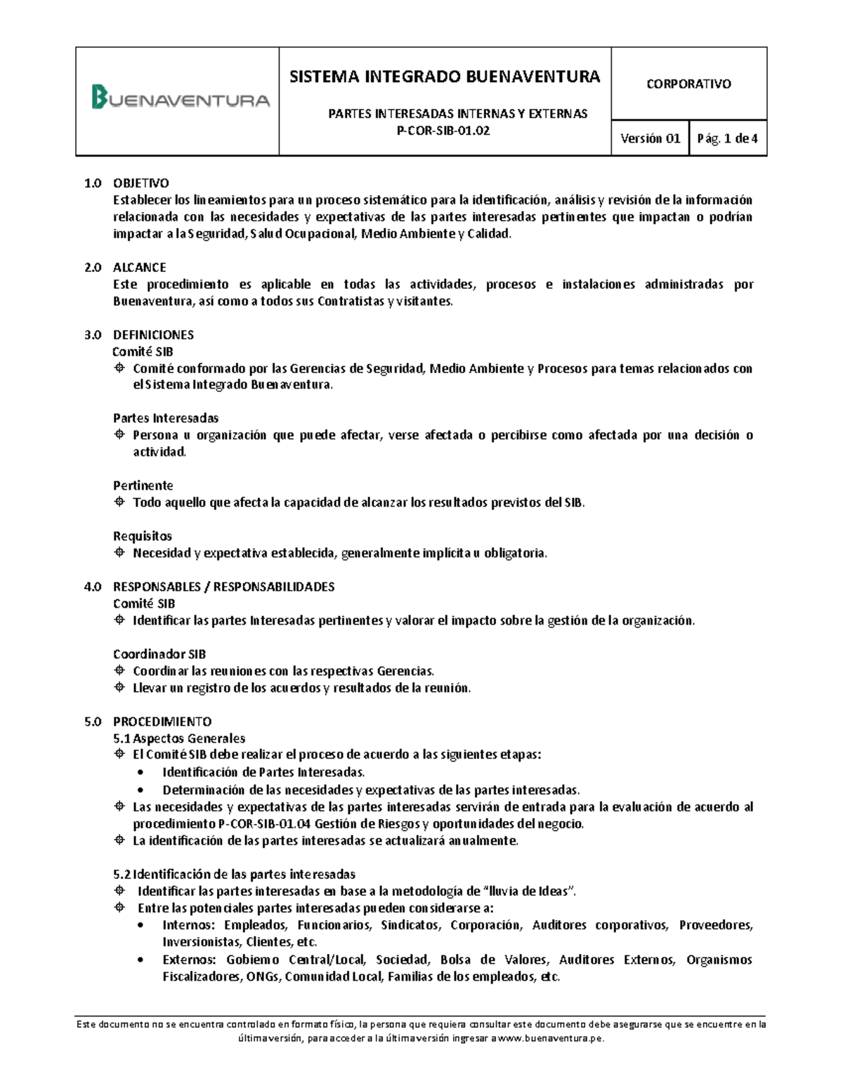 P-COR-SIB-01.02 Partes Interesadas - PARTES INTERESADAS INTERNAS Y ...