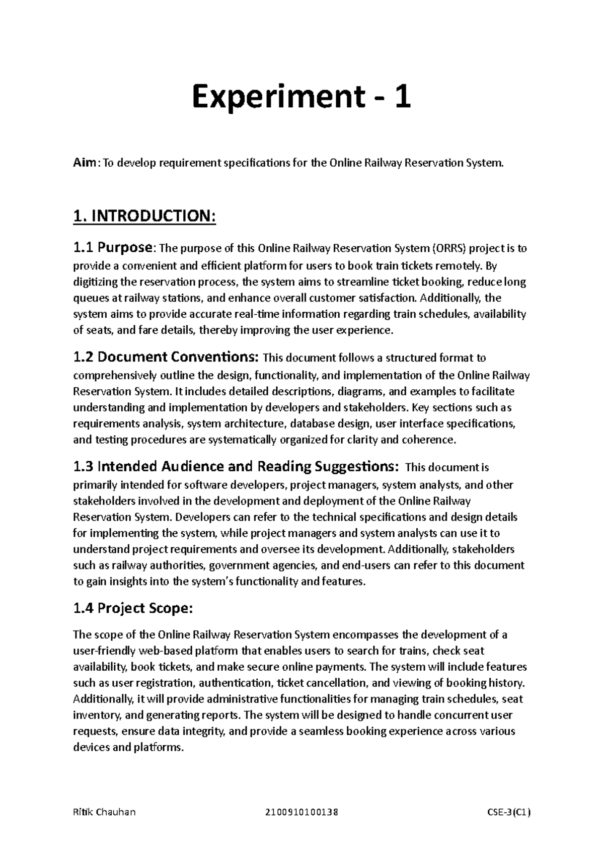 SE LAB file ( Ritik Chauhan) - Experiment - 1 Aim: To develop requirement specificaƟons for the ...