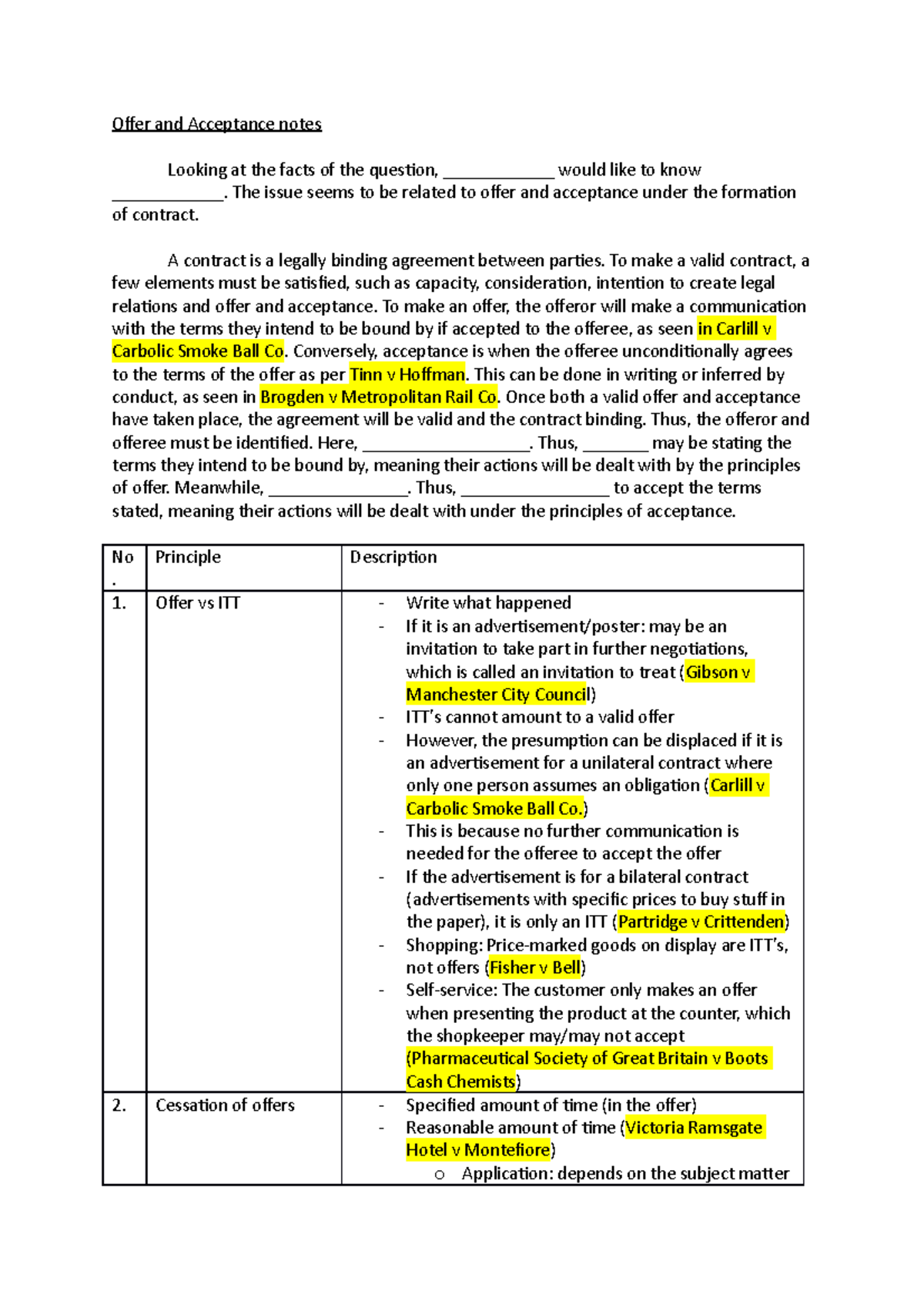 Offer and Acceptance notes - Offer and Acceptance notes Looking at the ...