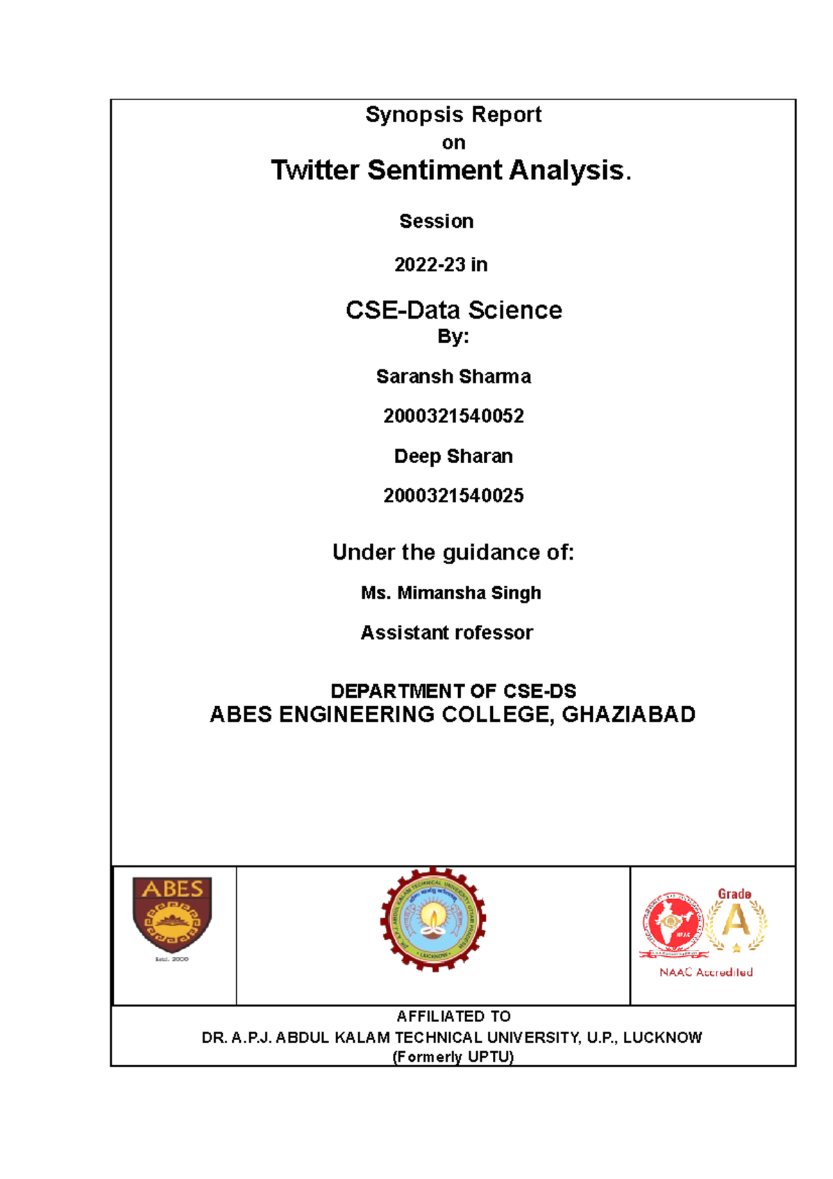 Twitter Sentiment Analysis Report - Synopsis Report on Twitter ...