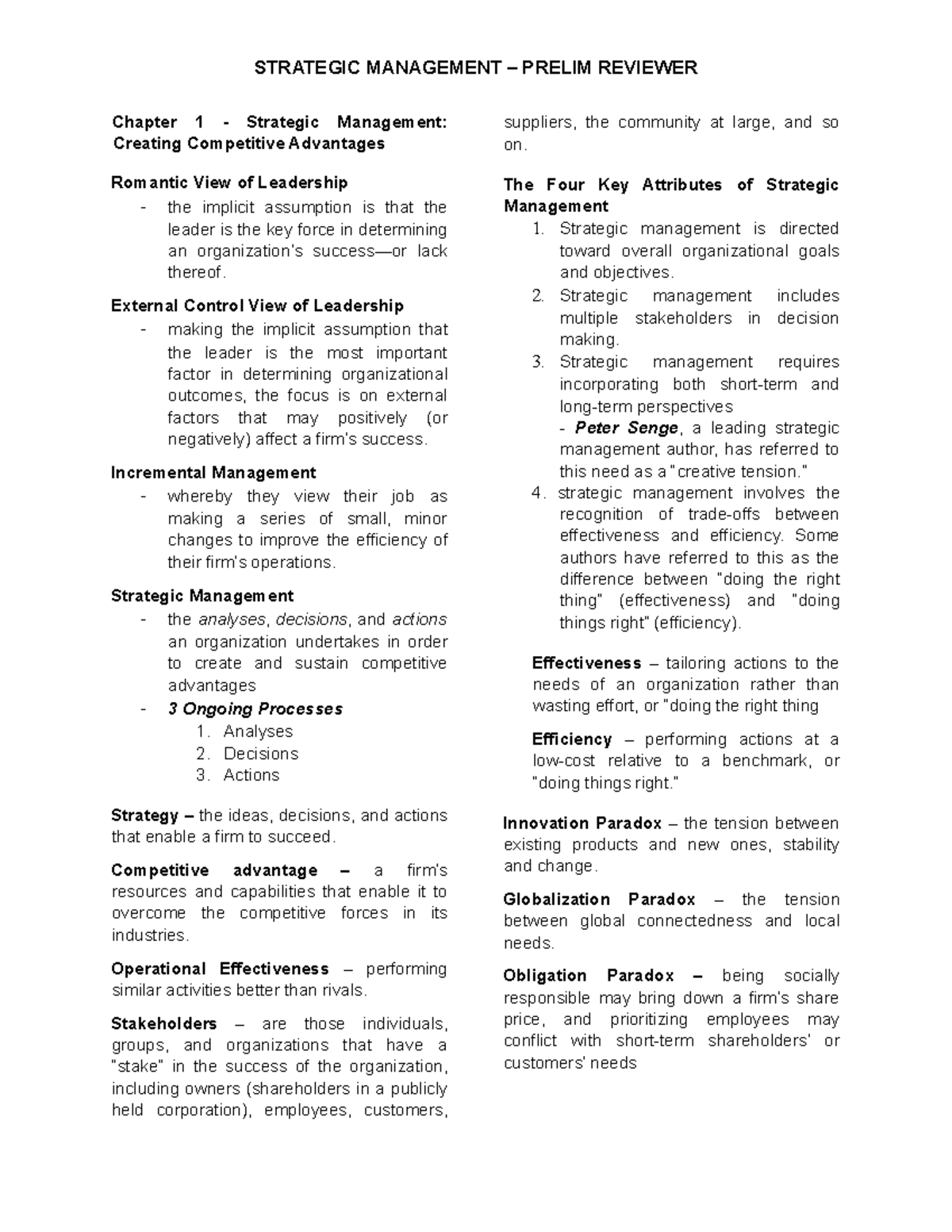 Strat Man Prelim Reviewer - STRATEGIC MANAGEMENT – PRELIM REVIEWER Chapter 1 - Strategic ...
