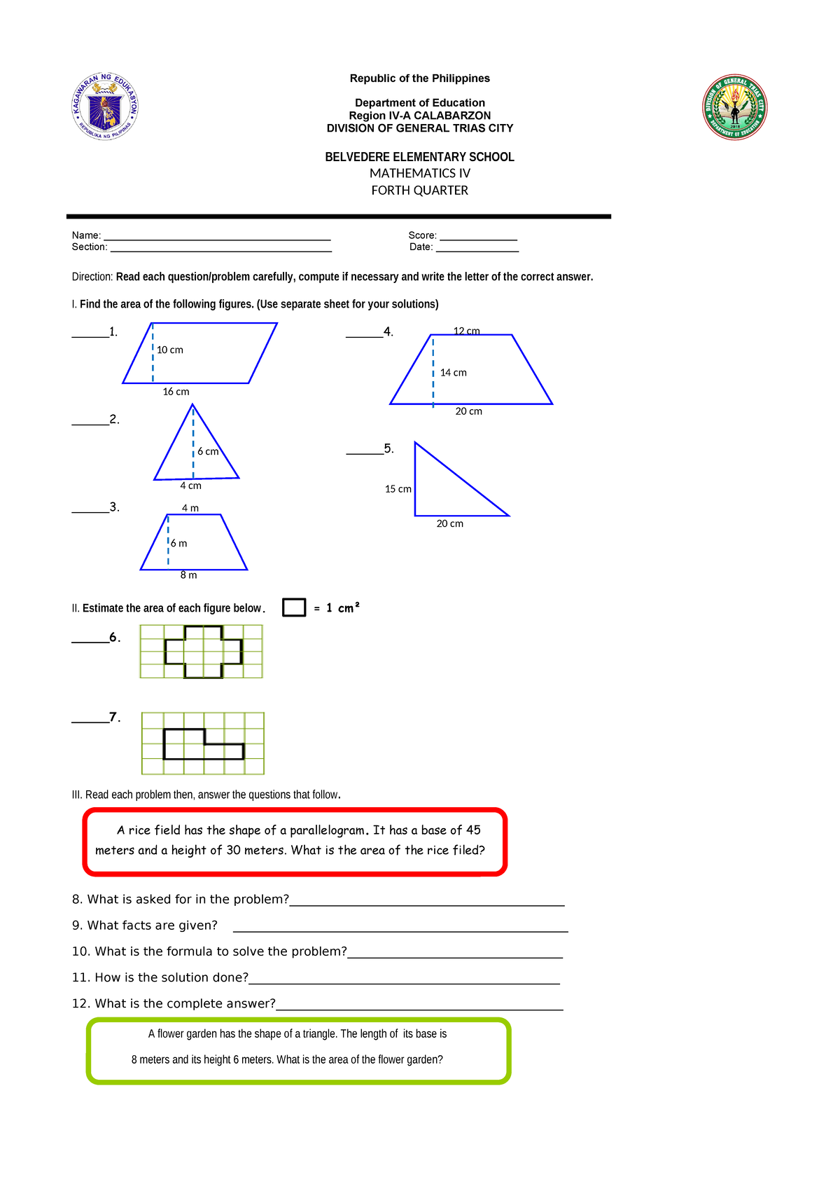 PT Mathematics 4 - Q4 V1 - fourth quarter exam - Republic of the ...