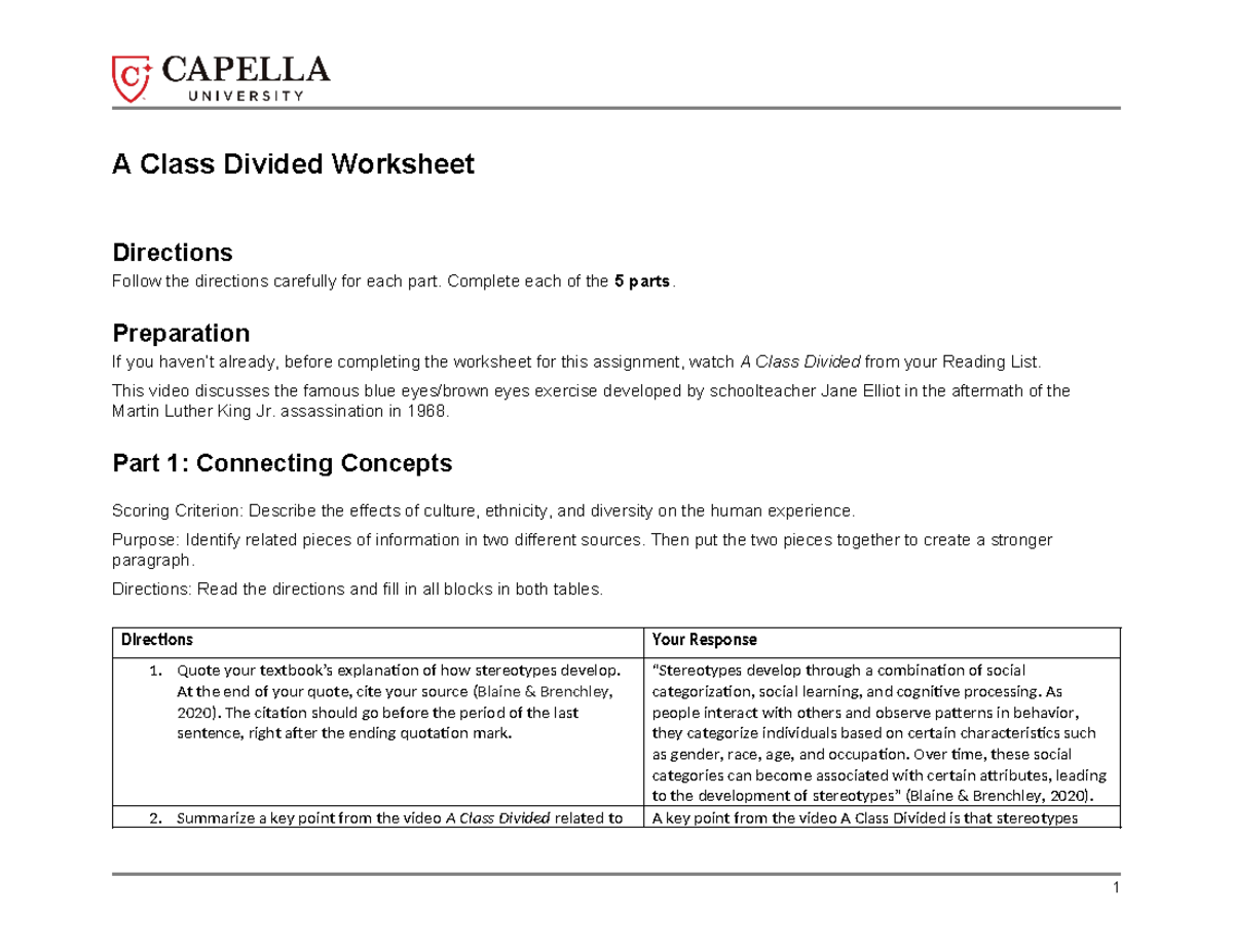 Cf a class divided worksheet - A Class Divided Worksheet Directions ...