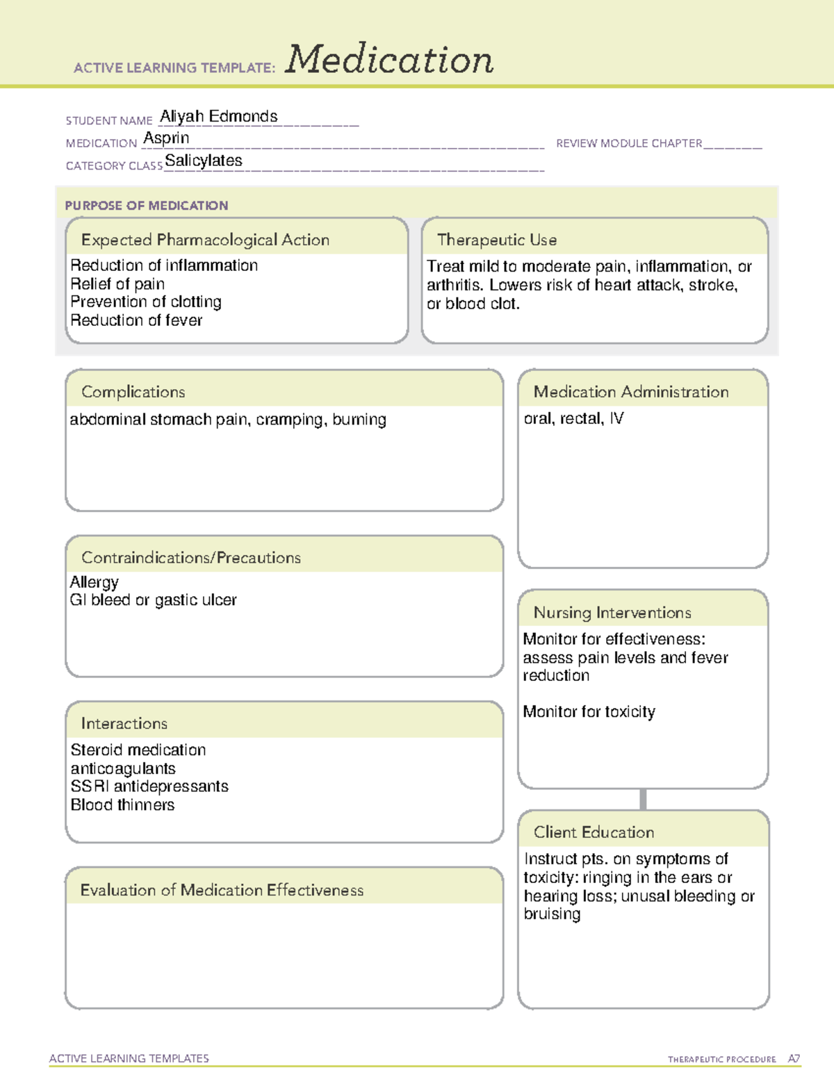 Asprin Drug Card - Active learning template: medication - ACTIVE ...