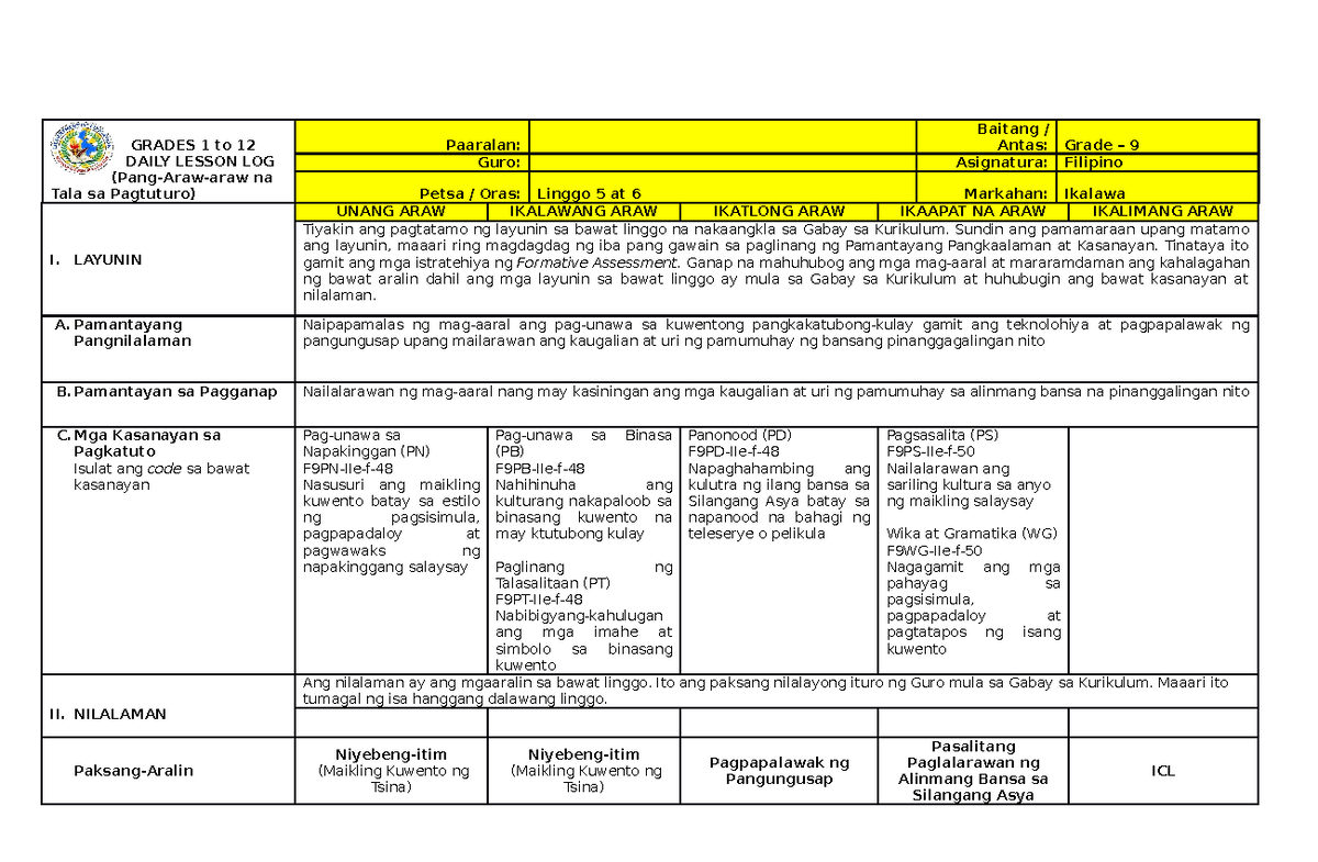 DLL Filipino 9 2ngd Grading (Topic 4) - GRADES 1 to 12 DAILY LESSON LOG ...