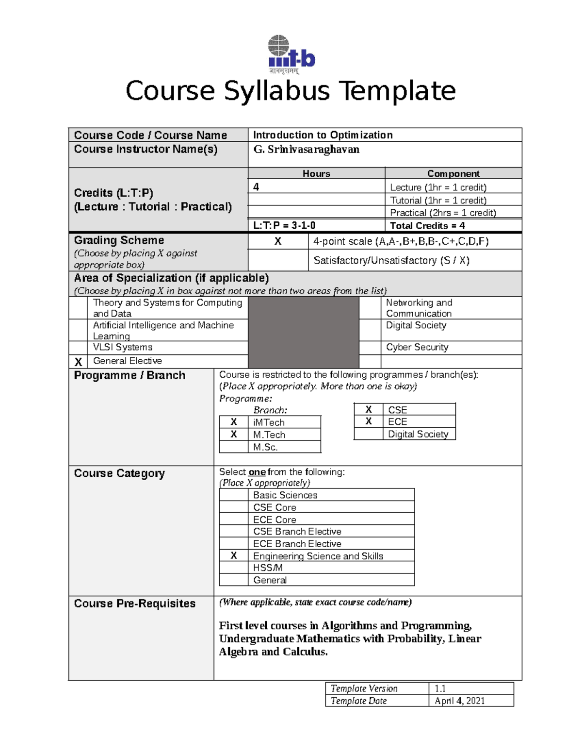 Optimization - Course doc - Course Syllabus Template Course Code / Course Name Introduction to ...