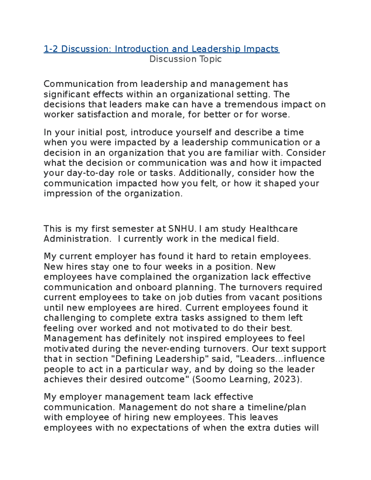 1-2 Discussion Introduction and Leadership Impacts - 1-2 Discussion ...