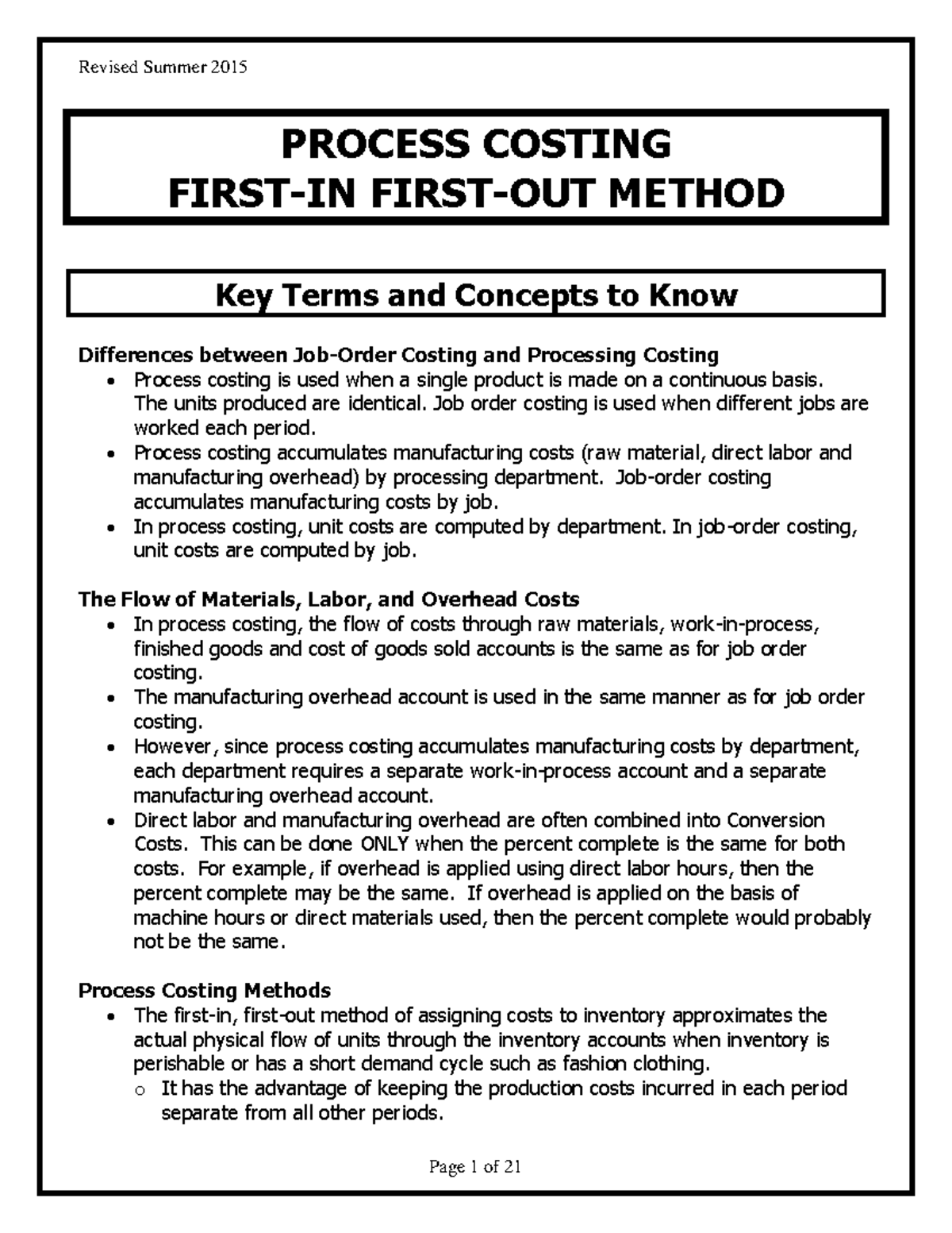 3. Process Costing FIFO - PROCESS COSTING FIRST-IN FIRST-OUT METHOD Key ...