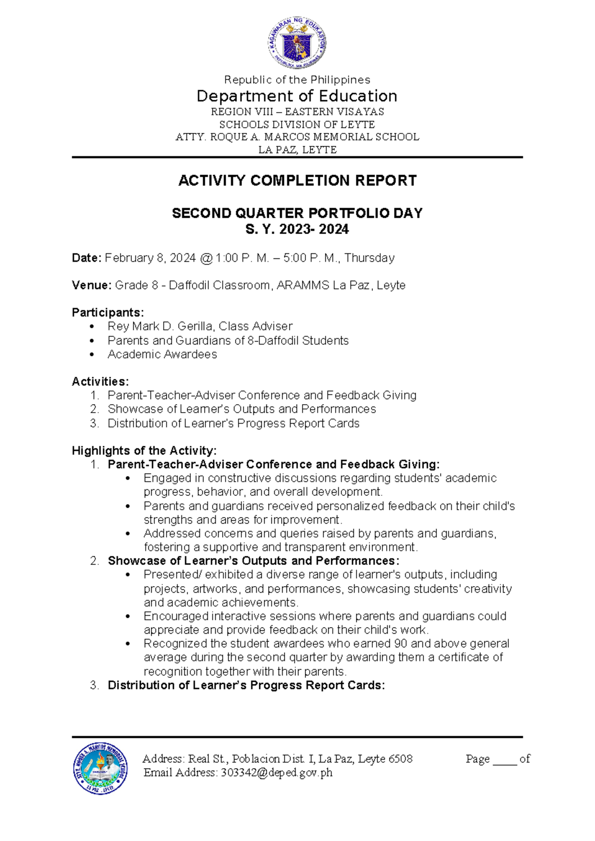 Second Quarter- ACR - Department of Education REGION VIII – EASTERN ...