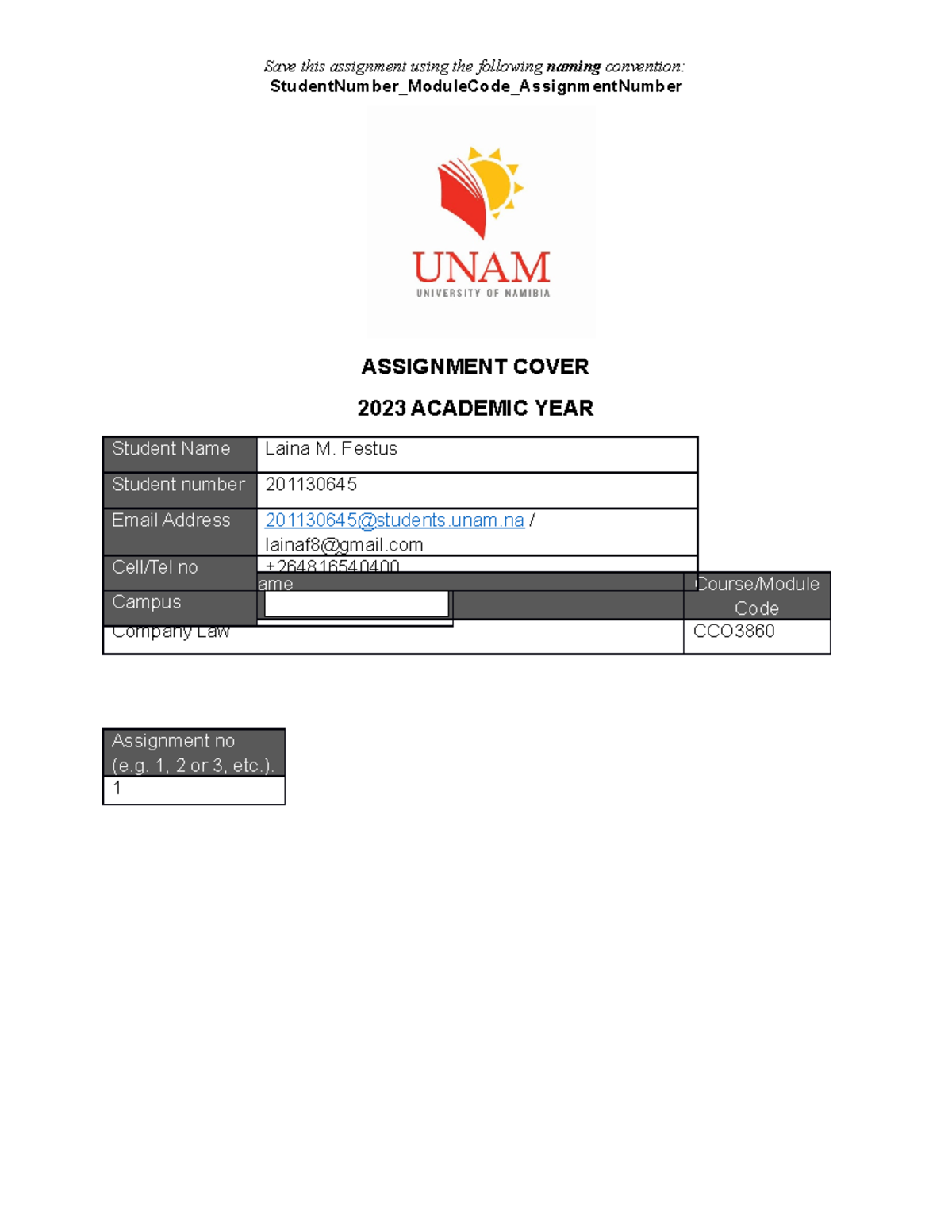 Assignment Cover Template - Save this assignment using the following ...