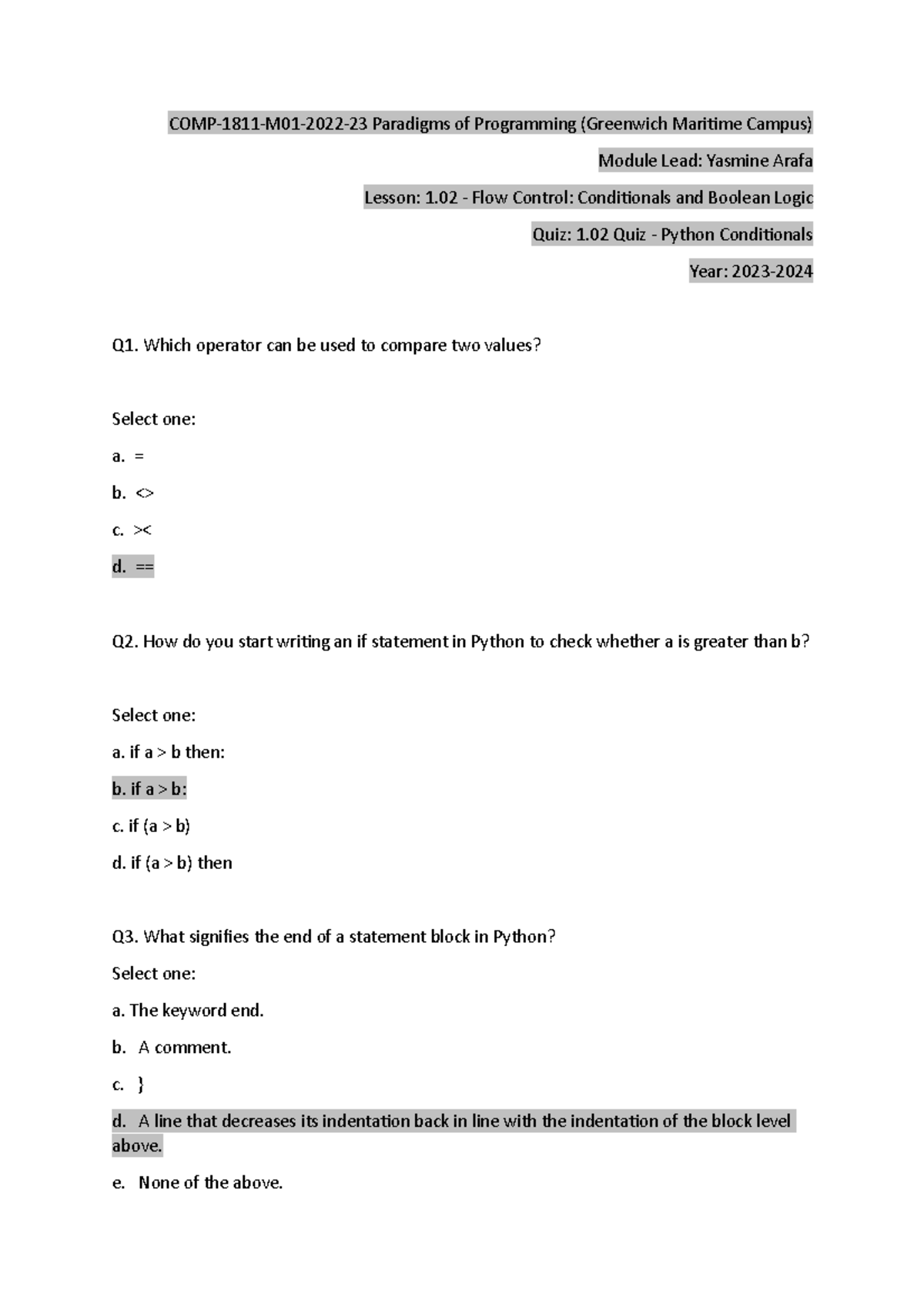 102 Quiz Python Conditionals Comp 1811 M01 2022 23 Paradigms Of Programming Greenwich