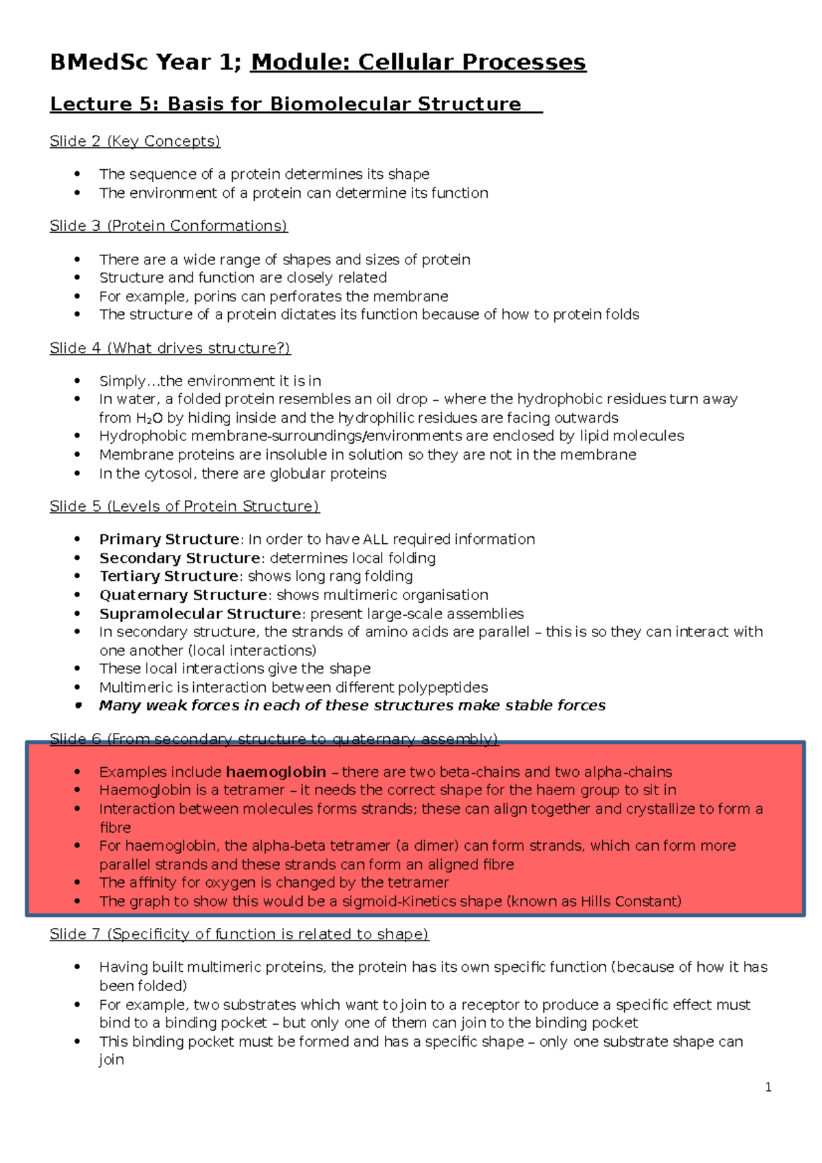 Basis For Biomolecular Structure Lecture Notes Lecture 5 Bmedsc Year Module Cellular