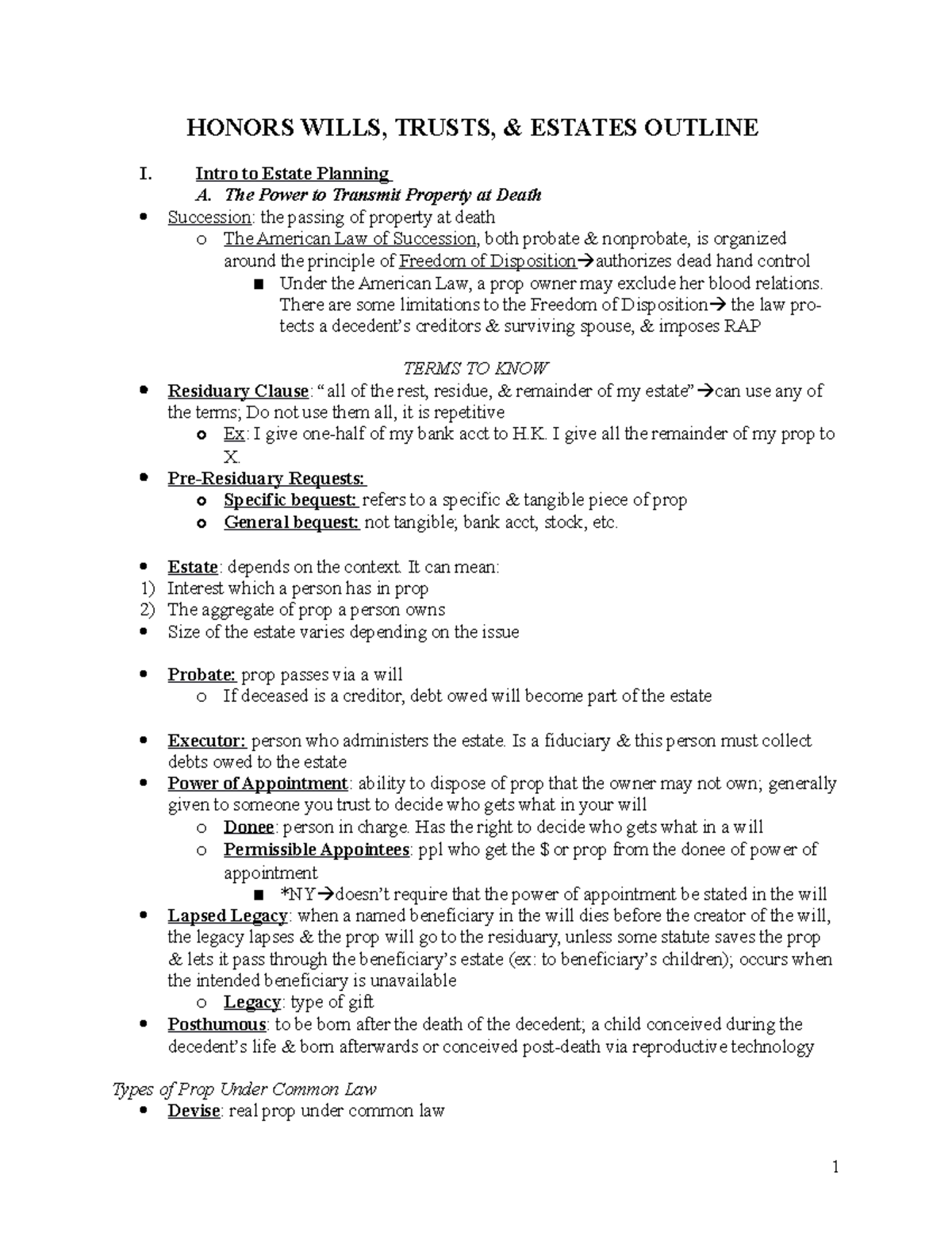 Honors T E Outline 2020 Touro - HONORS WILLS, TRUSTS, & ESTATES OUTLINE ...