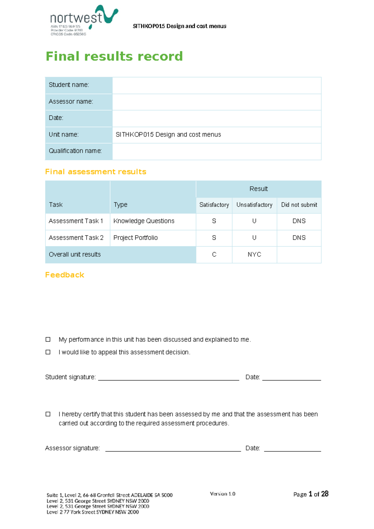 Sithkop 015 Student Assessment Tasks Version 1 - Final results record ...