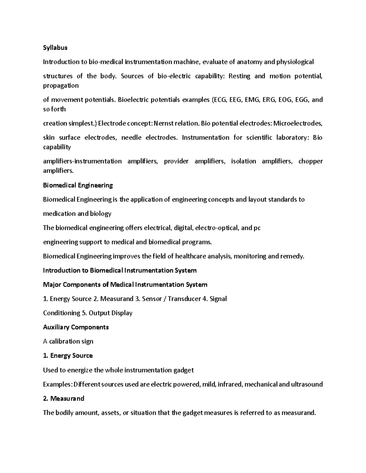 Biomedical Instrumentation Module 1 PART 1 - Syllabus Introduction to ...