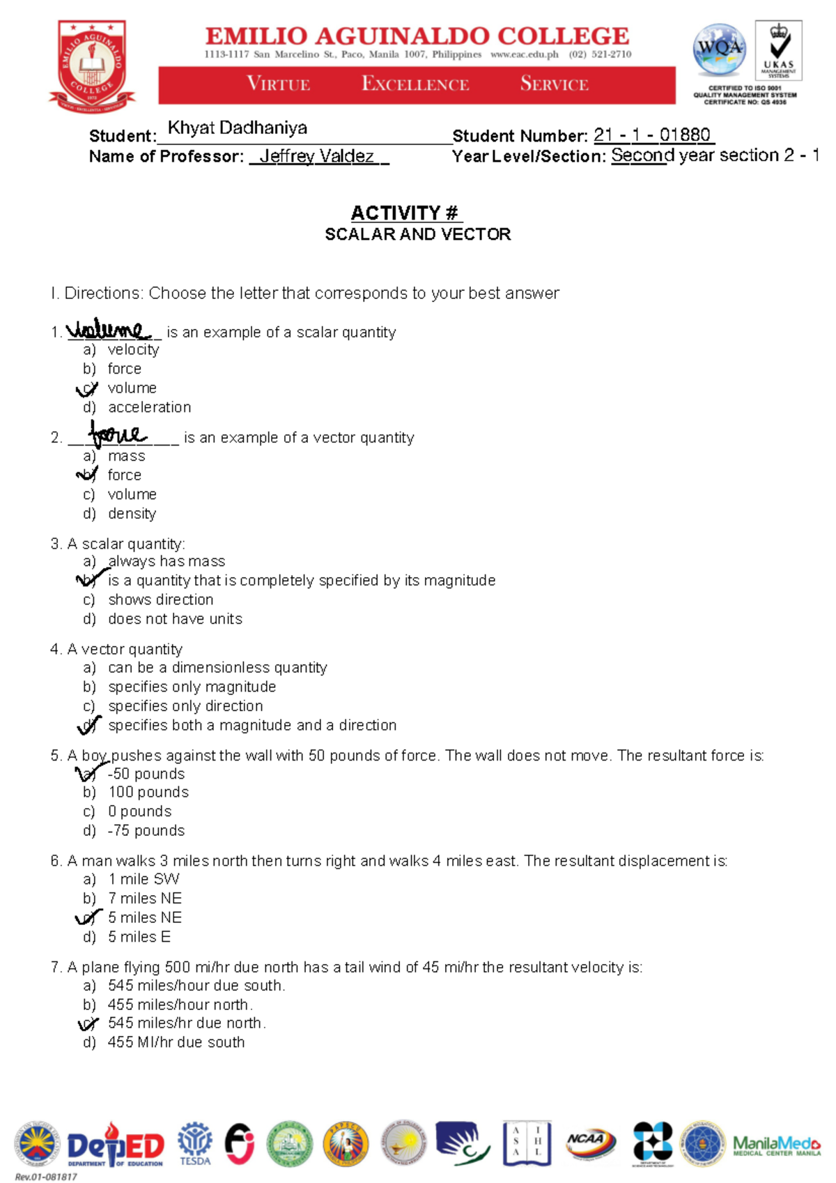 Khyat Dadhaniya (Activity 3 — Scalars And Vectors ) - 6WXGHQW 6WXGHQW 1XPEHU BBBBBBBBBBBBB - Studocu