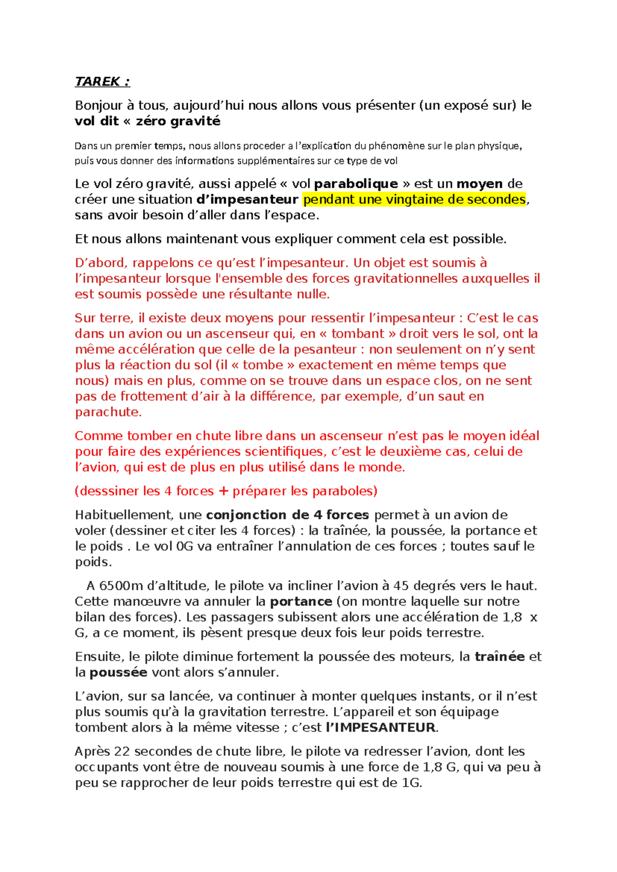 Exposé Vol ZERO G - TAREK : Bonjour à tous, aujourd’hui nous allons ...