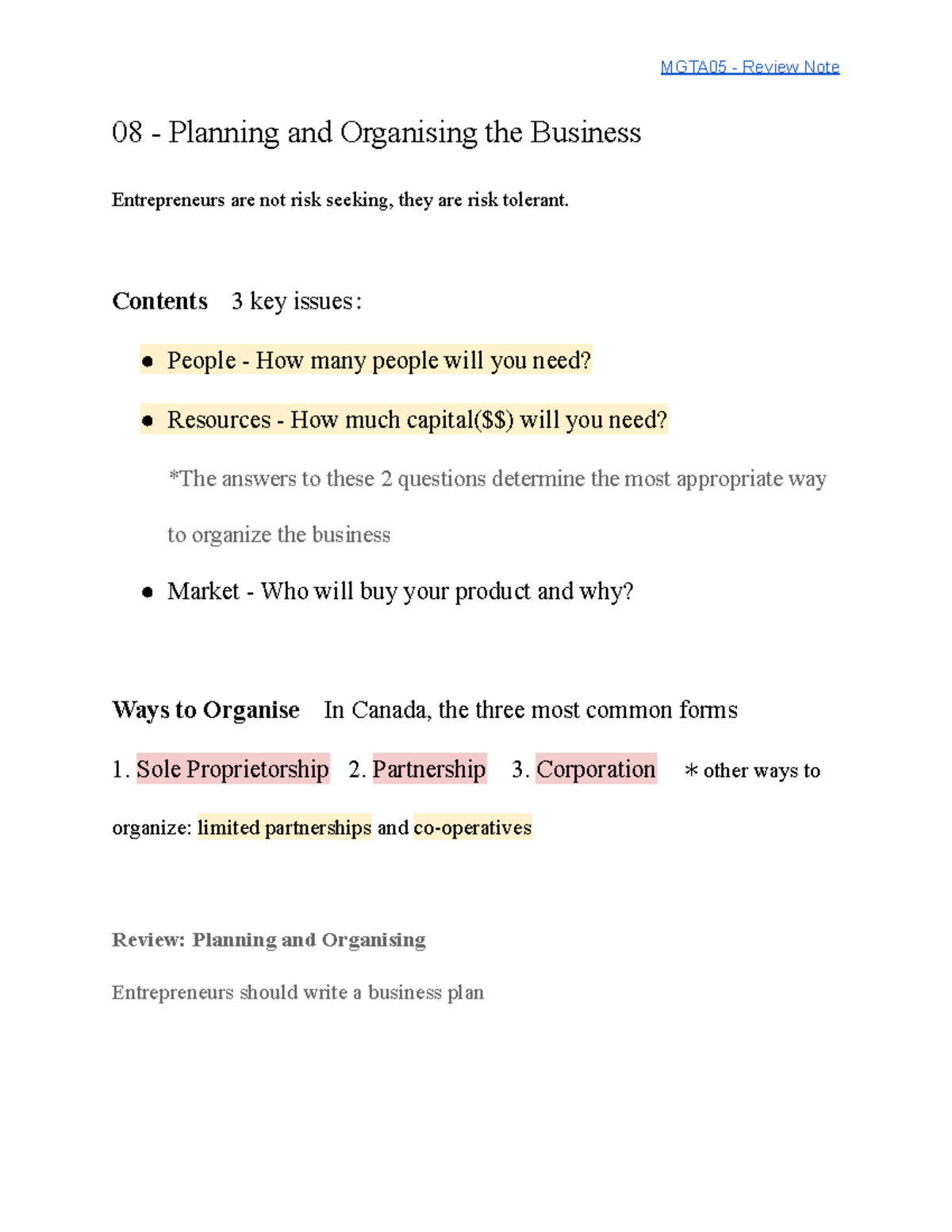 MGTA05 Chapter 8 Note 2 - note - MGTA05 - Review Note 08 - Planning and ...