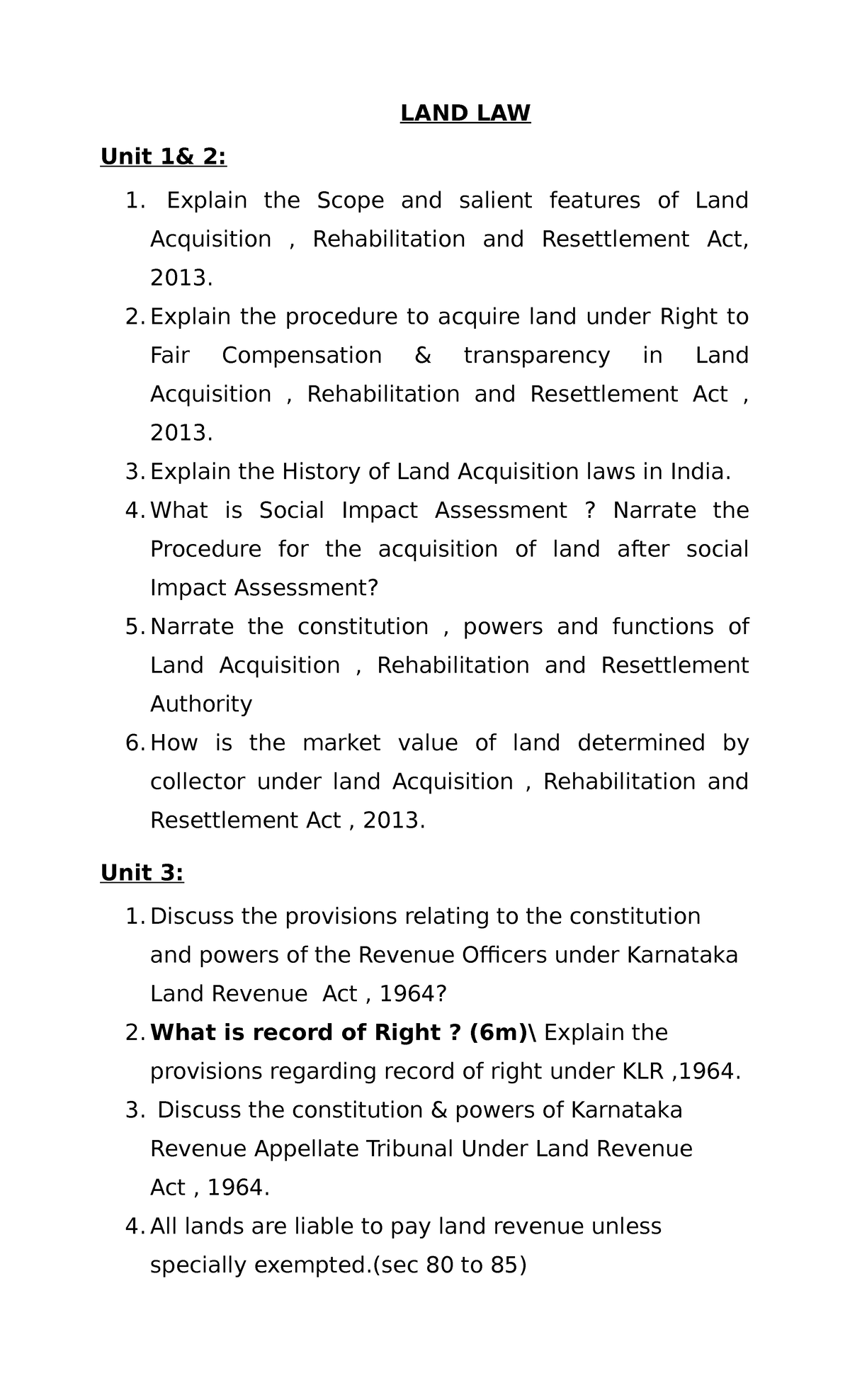 Land Law - Important questions for the subject of Land law - LAND LAW ...