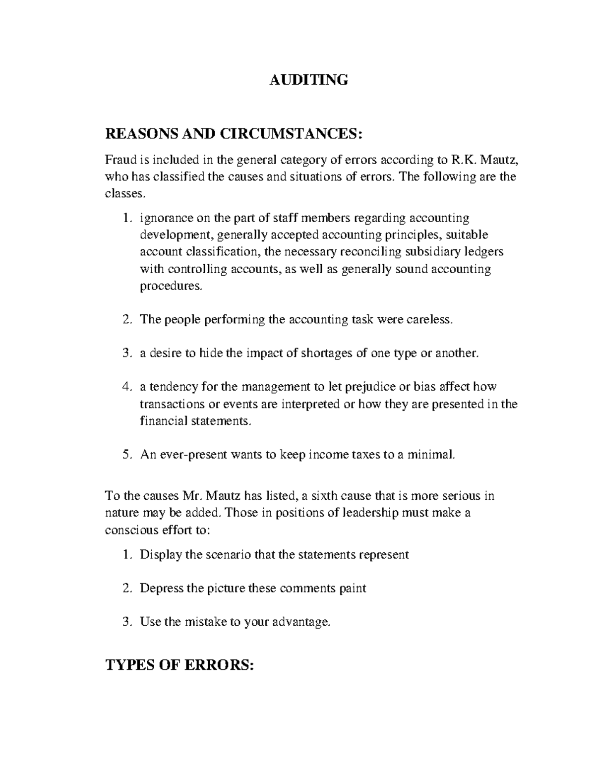 Auditing 9 - AUDITING REASONS AND CIRCUMSTANCES: Fraud is included in ...