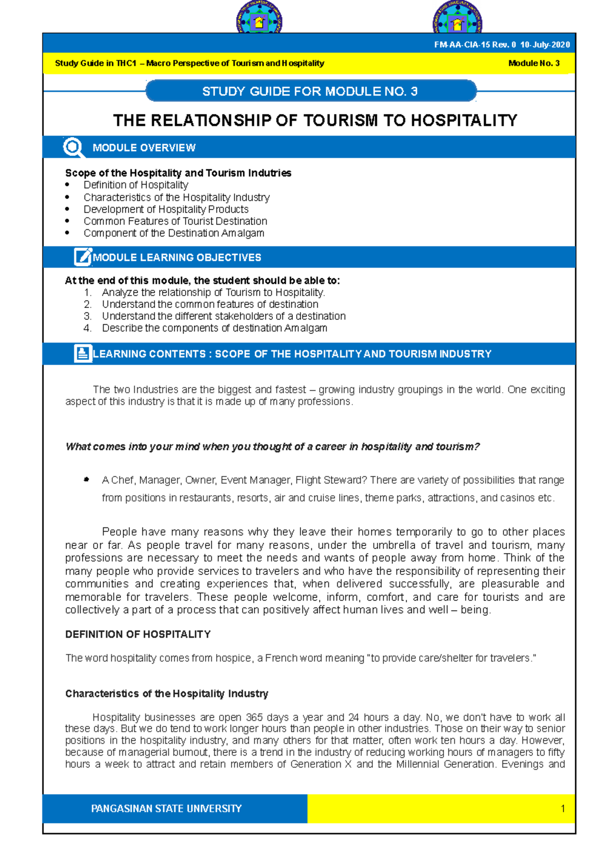 THC1 Study Guide 3 - THE RELATIONSHIP OF TOURISM TO HOSPITALITY MODULE ...