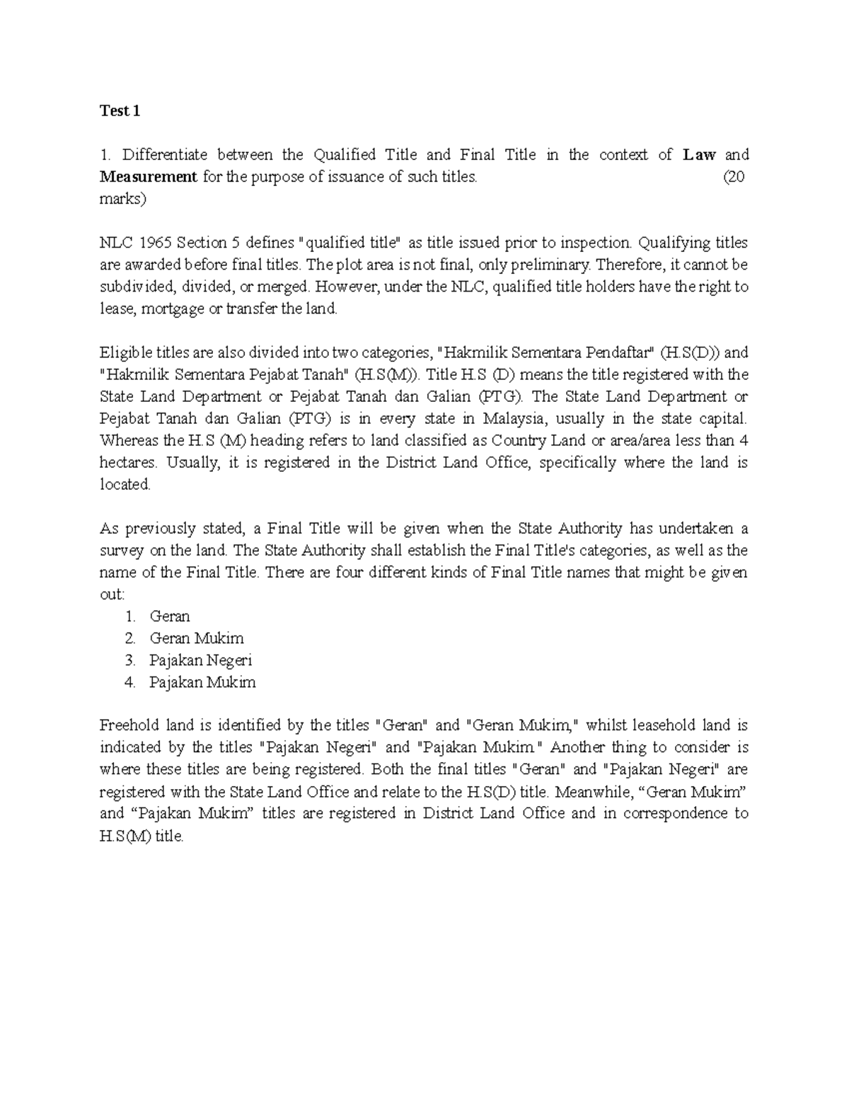 TEST 1 GLS691 - Test 1 Differentiate between the Qualified Title and ...