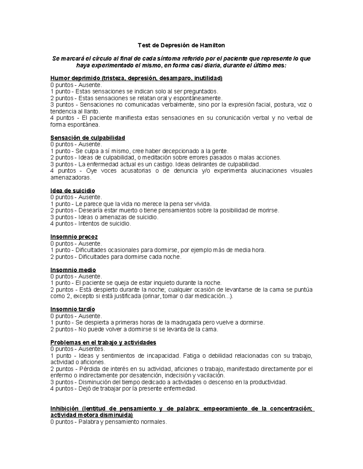 25- Test Depresión Hamilton - Test de Depresión de Hamilton Se marcará ...