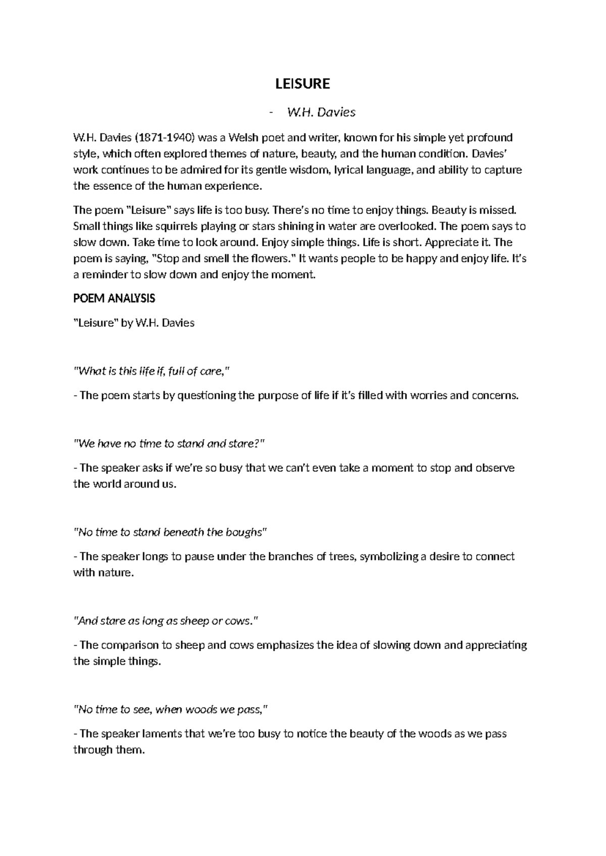 Leisure - Notes - A short note on the poet and poem. Poem analysis and ...