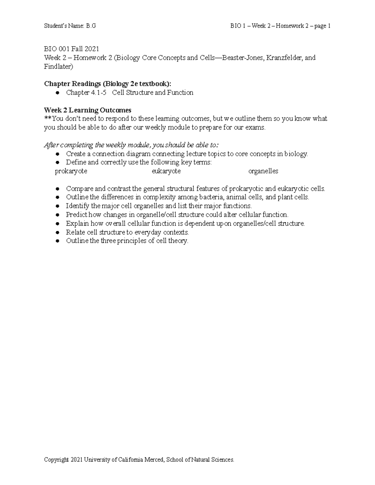 Bio 001 homework week 2 - BIO 001 Fall 2021 Week 2 3 Homework 2 ...