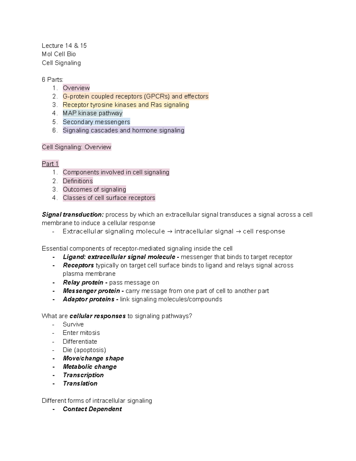Lecture 14 & 15 - Lecture 14 & 15 Mol Cell Bio Cell Signaling 6 Parts ...