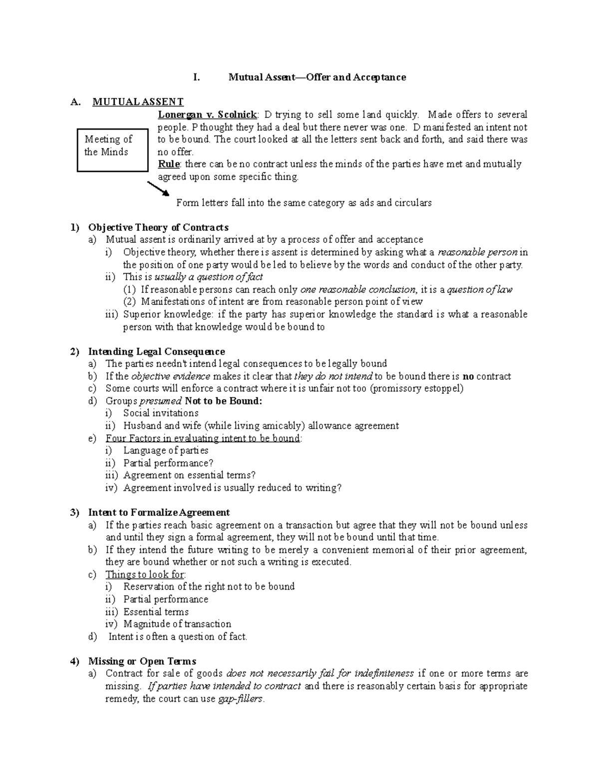 Contracts Law Outline 2 - I. Mutual Assent—Offer and Acceptance A ...