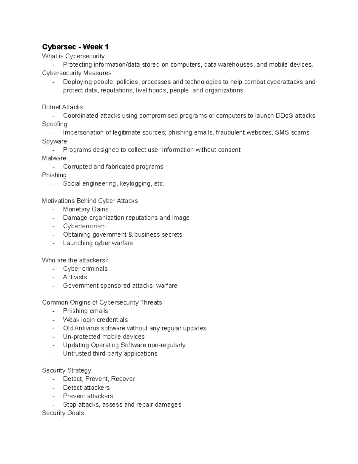 Cyber Sec notes wk1-4 - Cybersec - Week 1 What is Cybersecurity ...