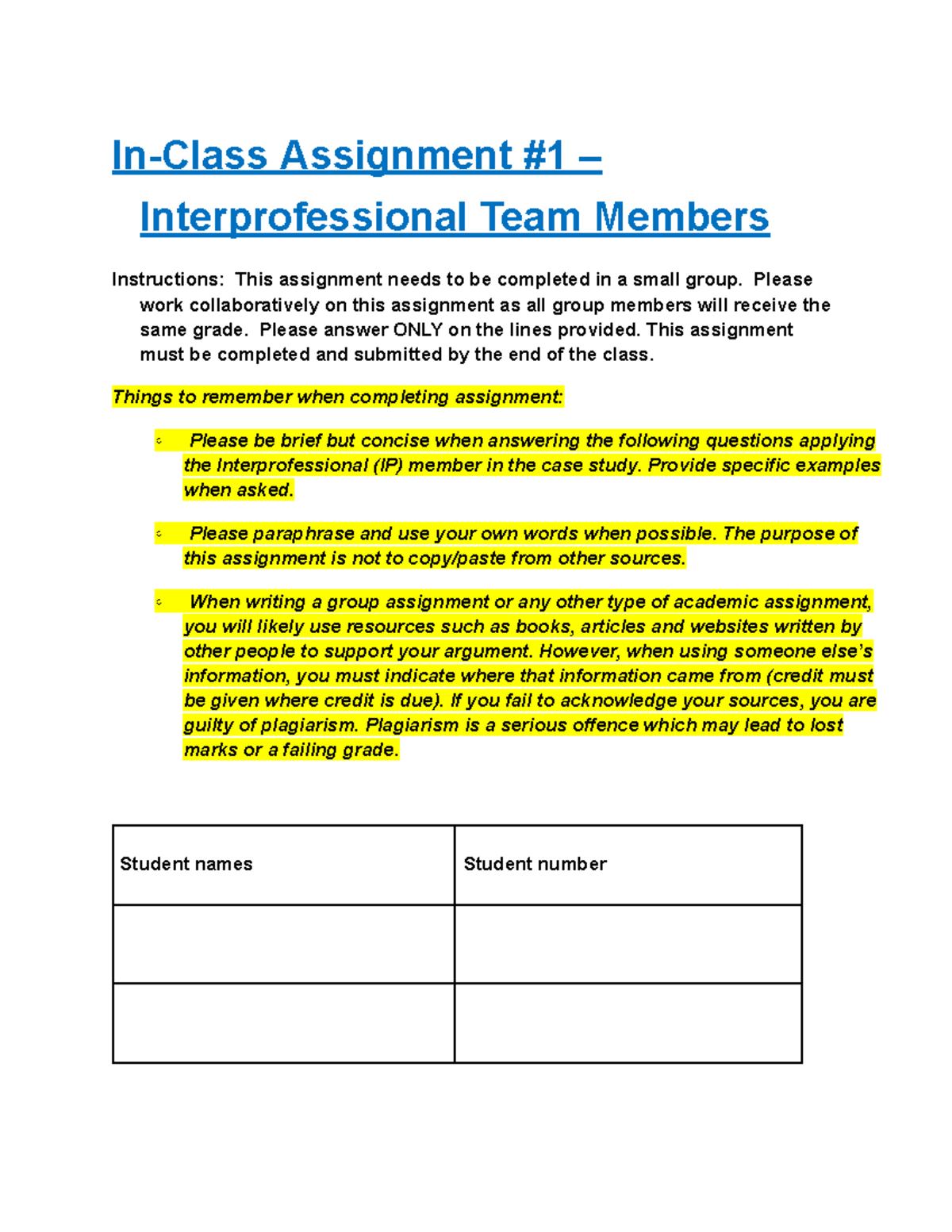 In-Class Assignment #1 – Interprofessional Team Members - Please work ...