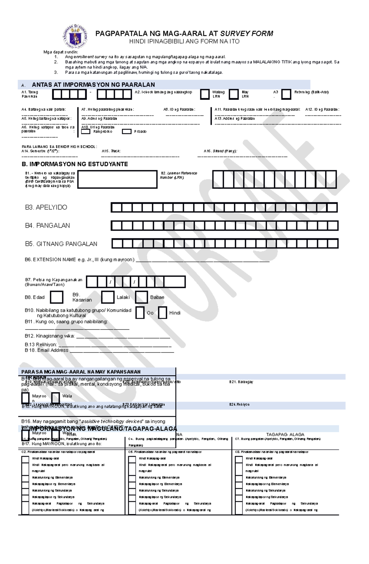 Modified Learner Enrollment and Survey Form Filipino - PAGPAPATALA NG ...