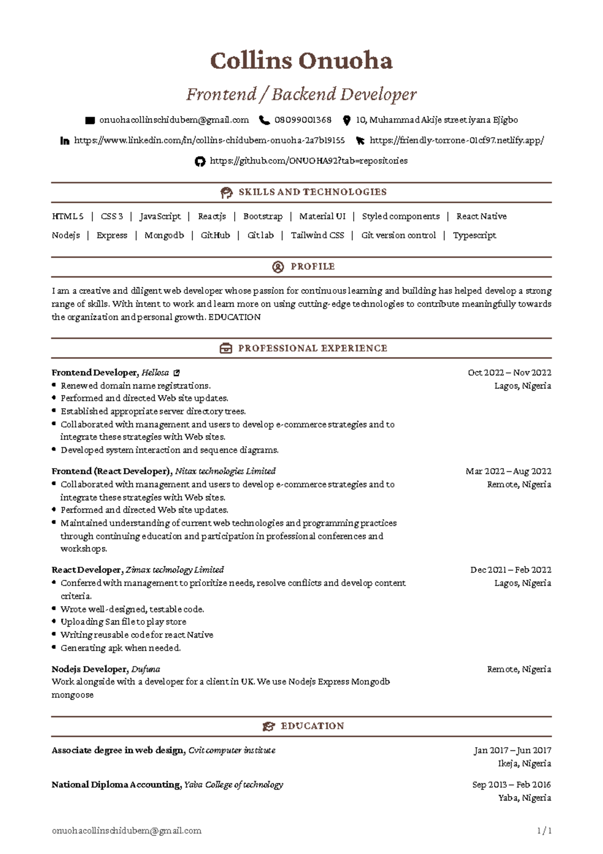 Onuoha C - Collins Onuoha Frontend / Backend Developer onuohacollinschidubem@gmail 08099001368 ...