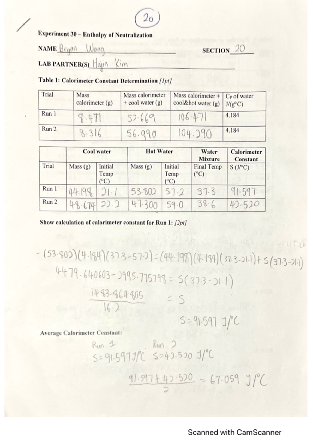 Experiment 30 - Enthalpy of Neutralization - CHEM 114 - Studocu