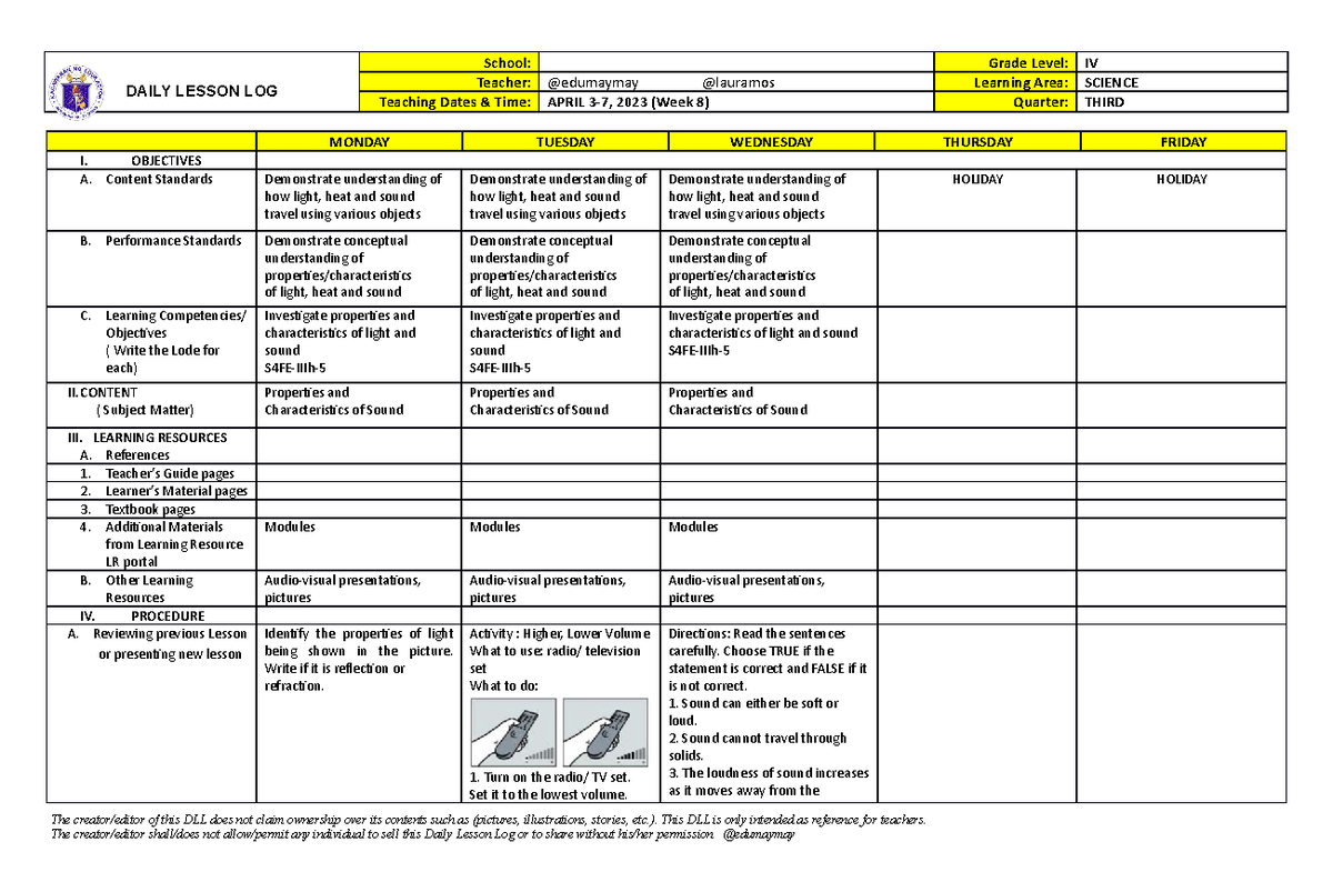 DLL Science 4 Q3 WEEK 8 - DAILY LESSON LOG School: Grade Level: IV ...
