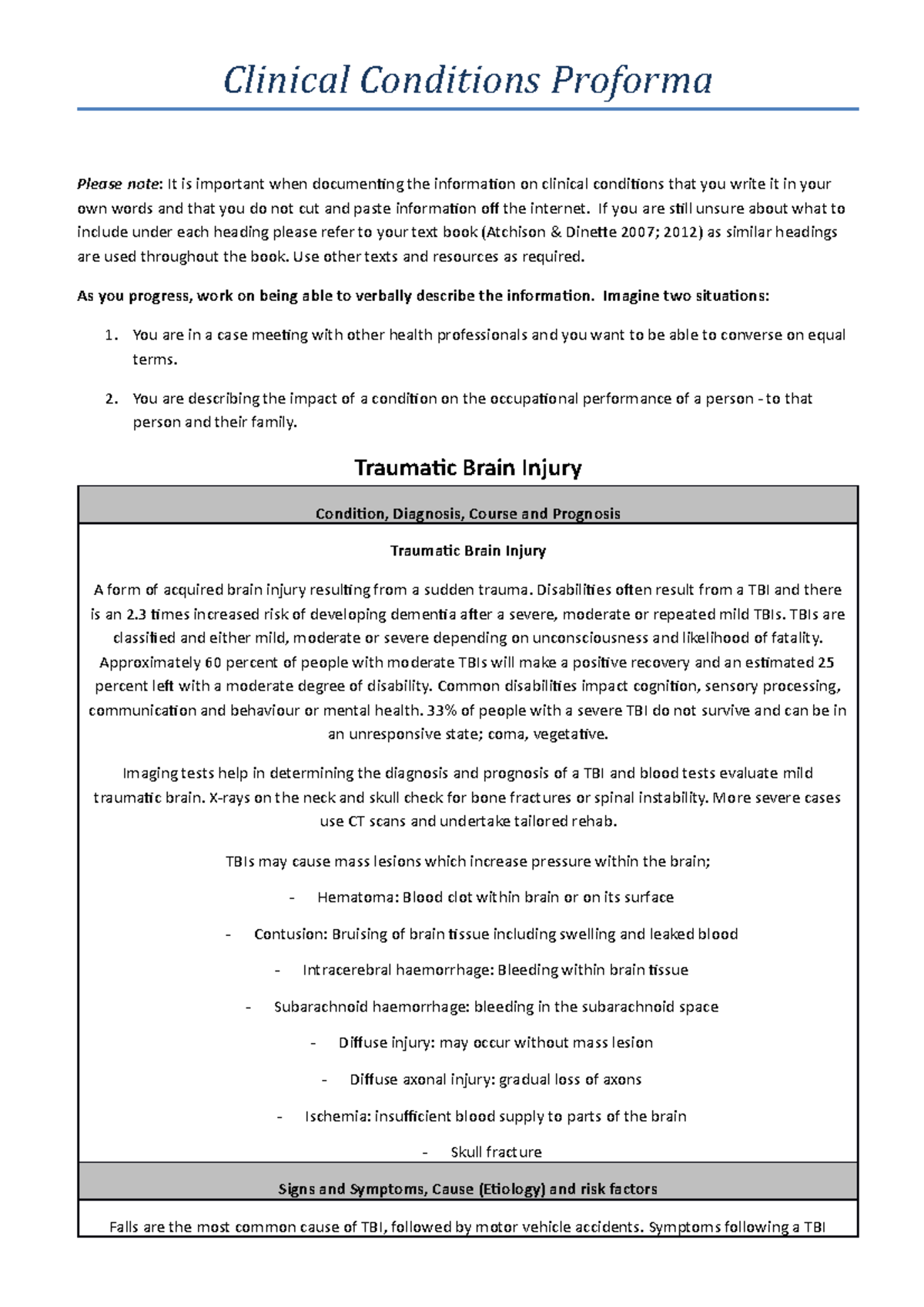 Clinical Conditions Proforma - Traumatic Brain Injury - Studocu