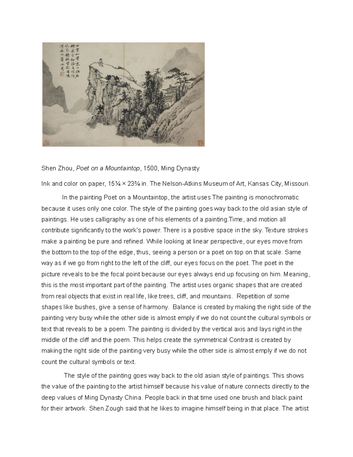 Direct Assignment ART 111 - Shen Zhou, Poet on a Mountaintop , 1500 ...