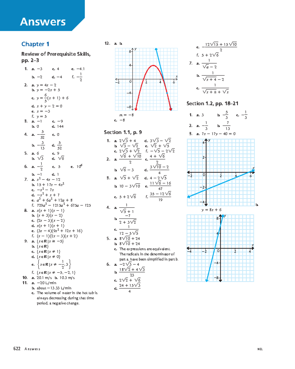 Textbook Answers - Chapter 1 Review of Prerequisite Skills, pp. 2– a. c ...