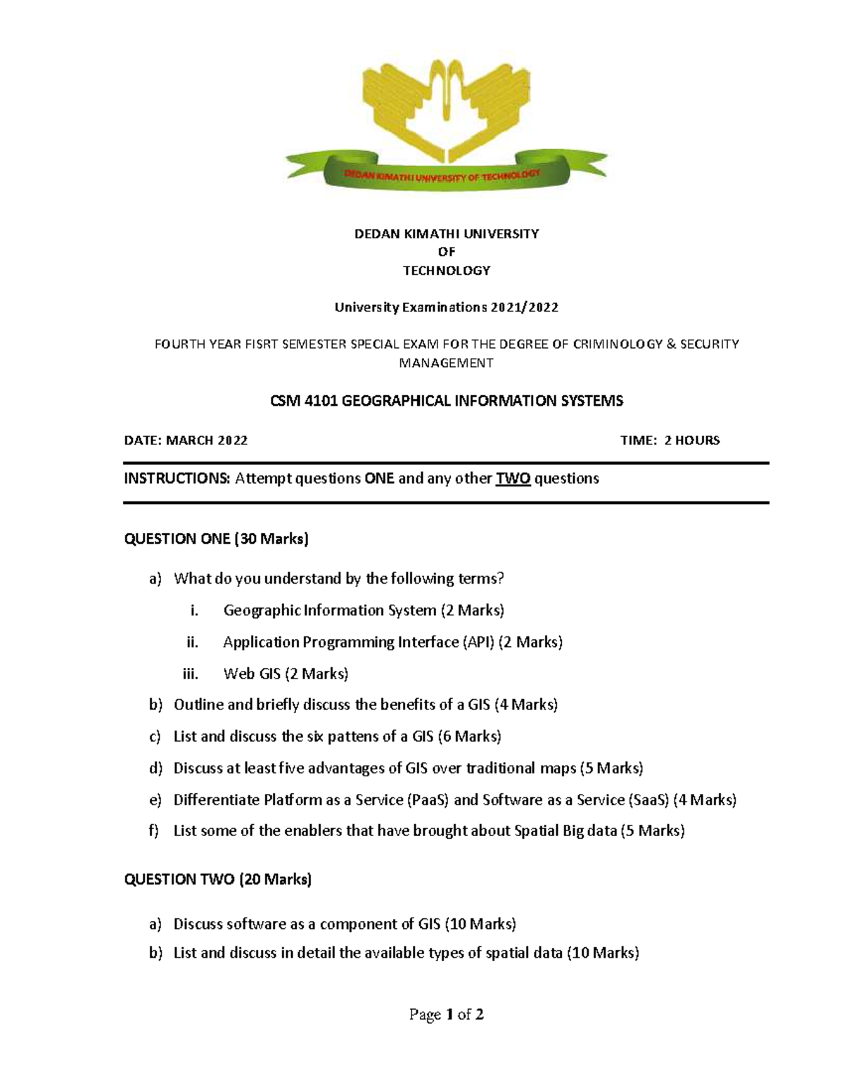 25.CSM 4101 Geographical Information Systems Exam SE - Page 1 of 2 ...