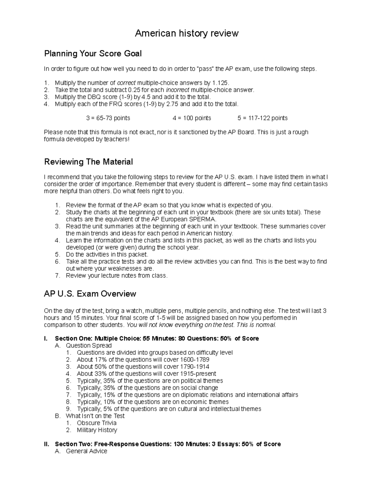 American history review - American history review Planning Your Score ...