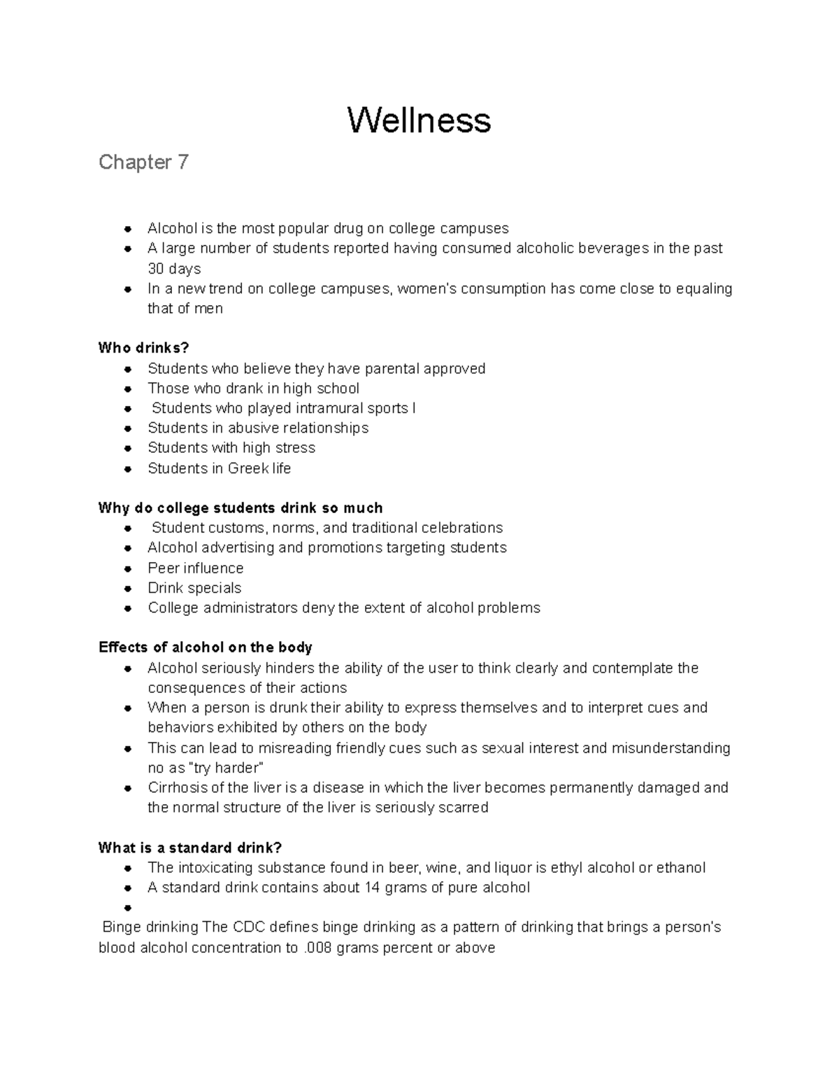 Wellness '23 - notes up to mid-term - Wellness Chapter 7 Alcohol is the ...